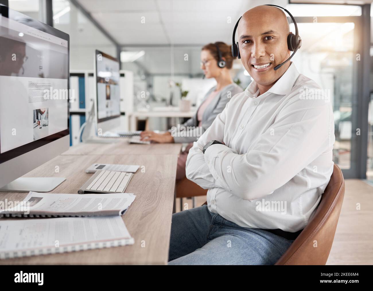 Call center, pride and employee with arms crossed for telemarketing ...