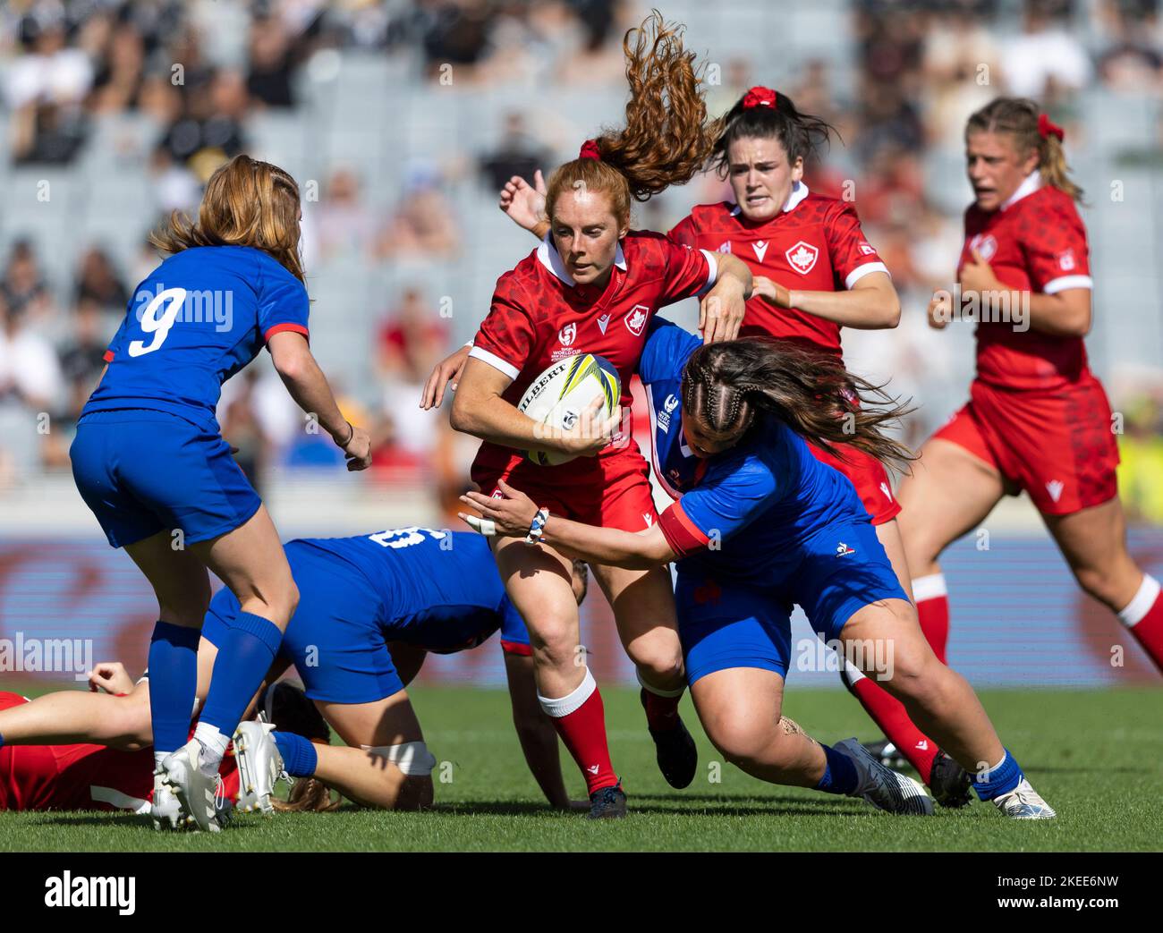 Canada's Alex Tessier is tackled during the Women's Rugby World Cup ...