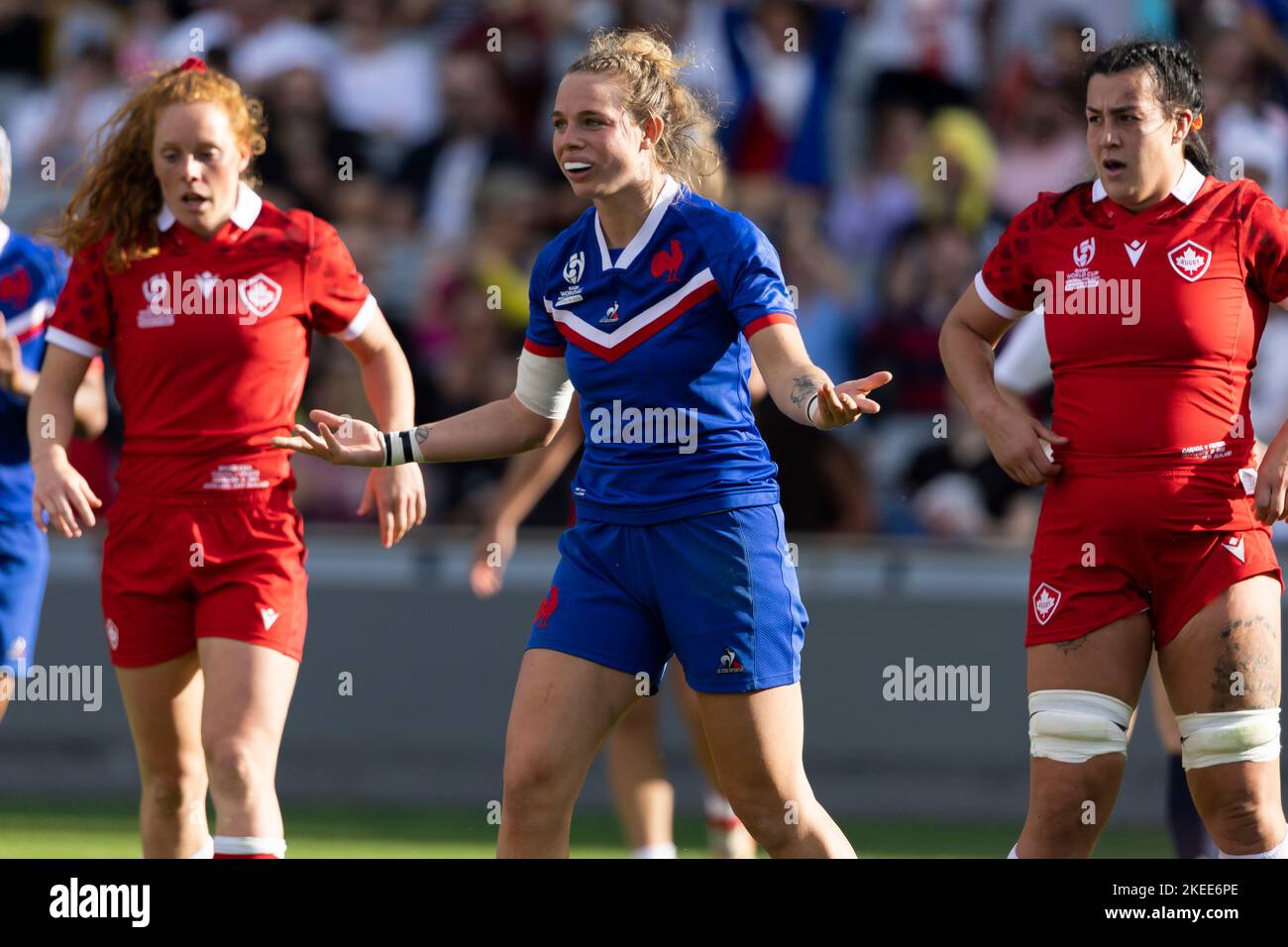 France's Marine Menager celebrates scoring a try during the Women's ...