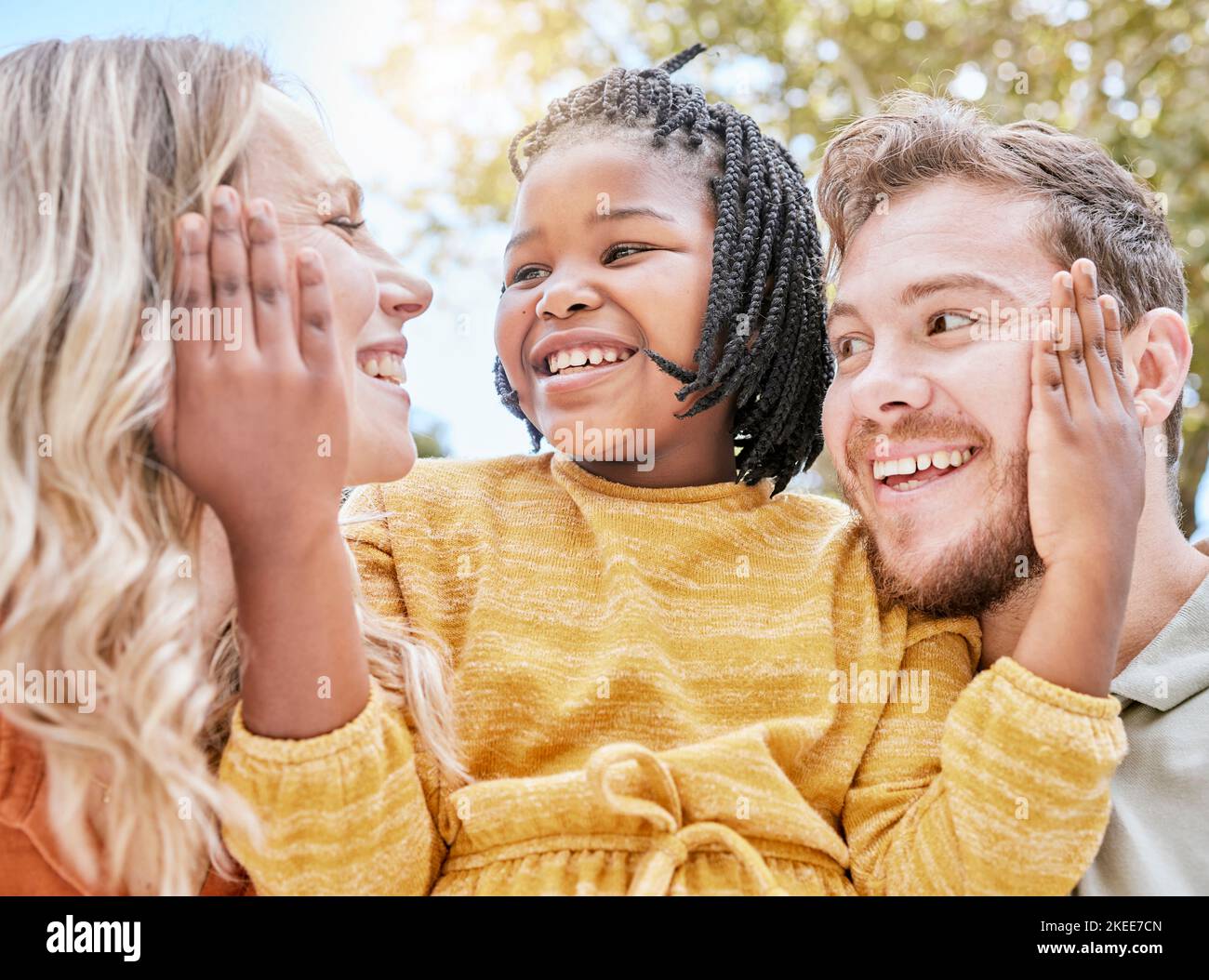 Mother, father and child in garden, happy family on outdoor picnic in ...