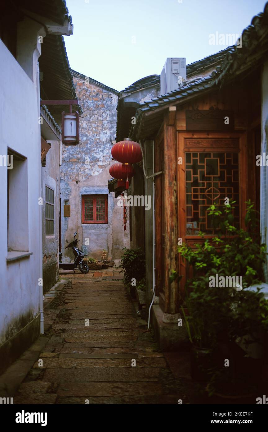 Empty narrow street of an ancient Chinese town with traditional Chinese ...