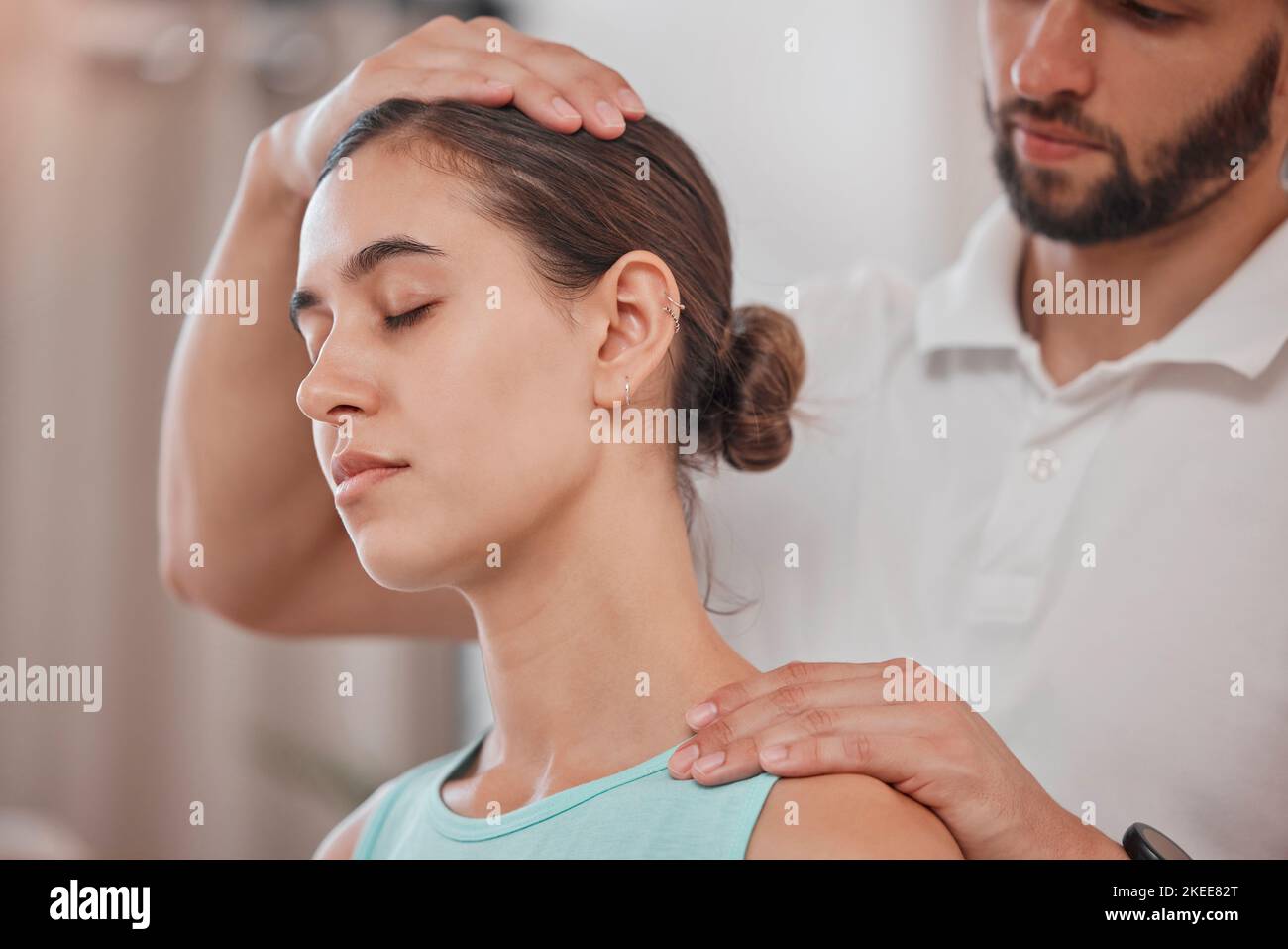 Woman, neck pain or physiotherapy stretching in sports clinic for pain ...