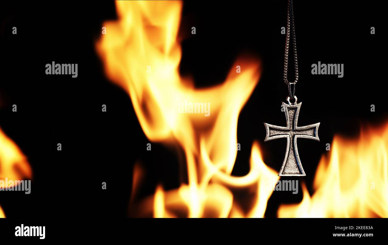 Christian Religion Symbol Cross on Fire Flames Stock Photo - Alamy