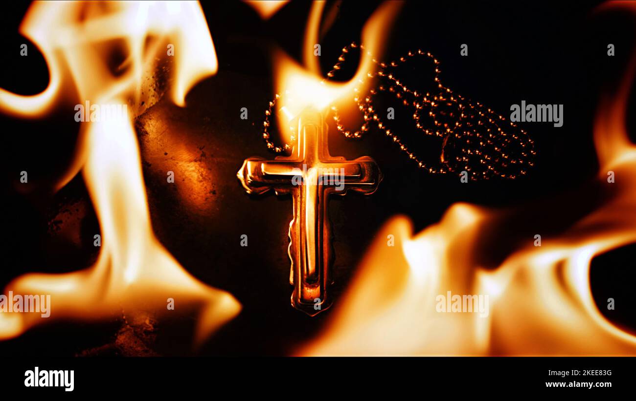 Christian Religion Symbol Cross on Fire Flames Stock Photo - Alamy