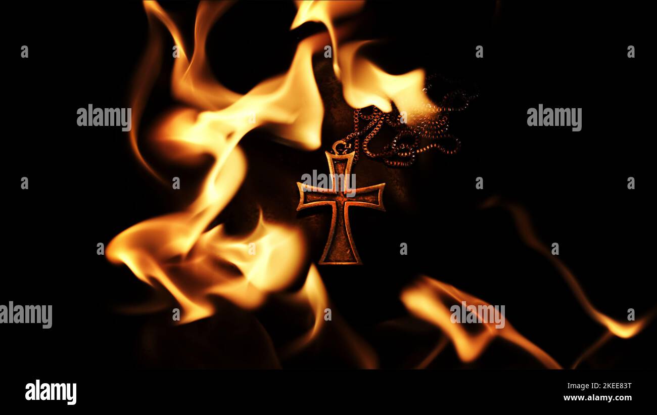 Christian Religion Symbol Cross on Fire Flames Stock Photo - Alamy