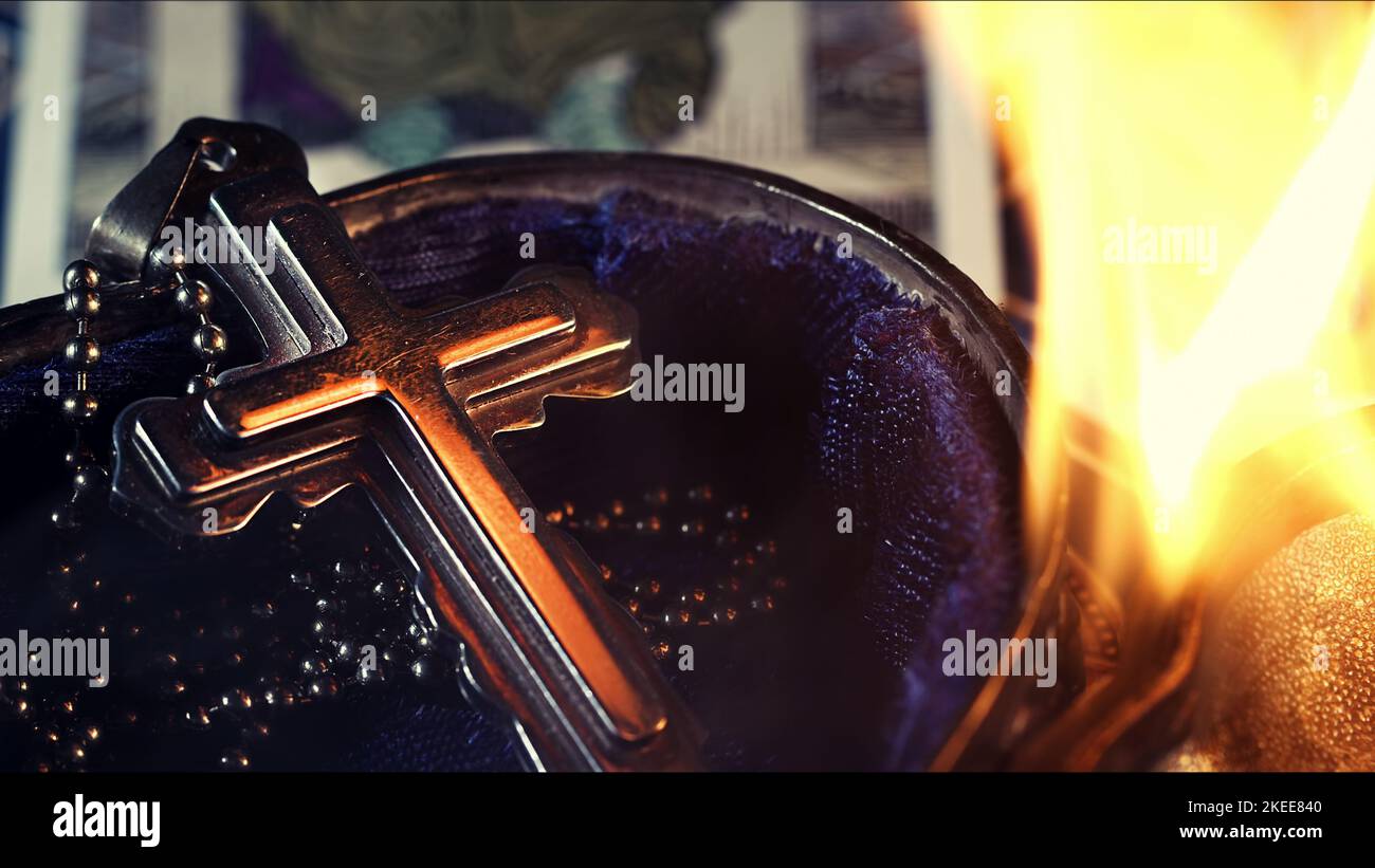 Christian Religion Symbol Cross on Fire Flames Stock Photo - Alamy