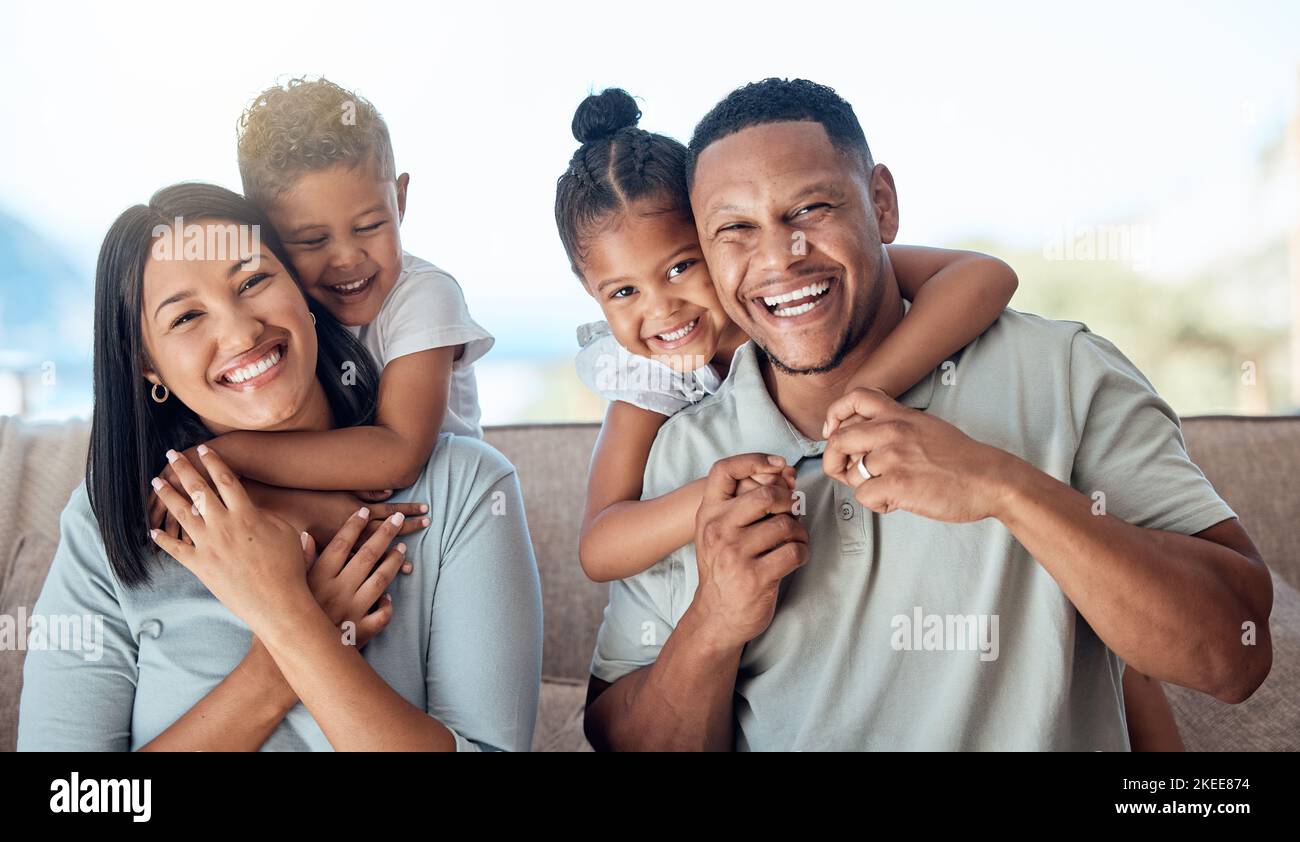 Family, hug and love, parents and children in happy portrait with relationship, care fun with ...