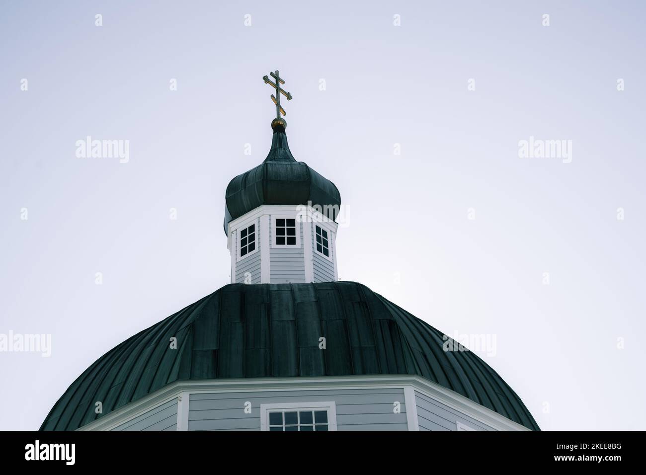 Closeup of dome with cross of Russian church, St. Michael the Archangel ...
