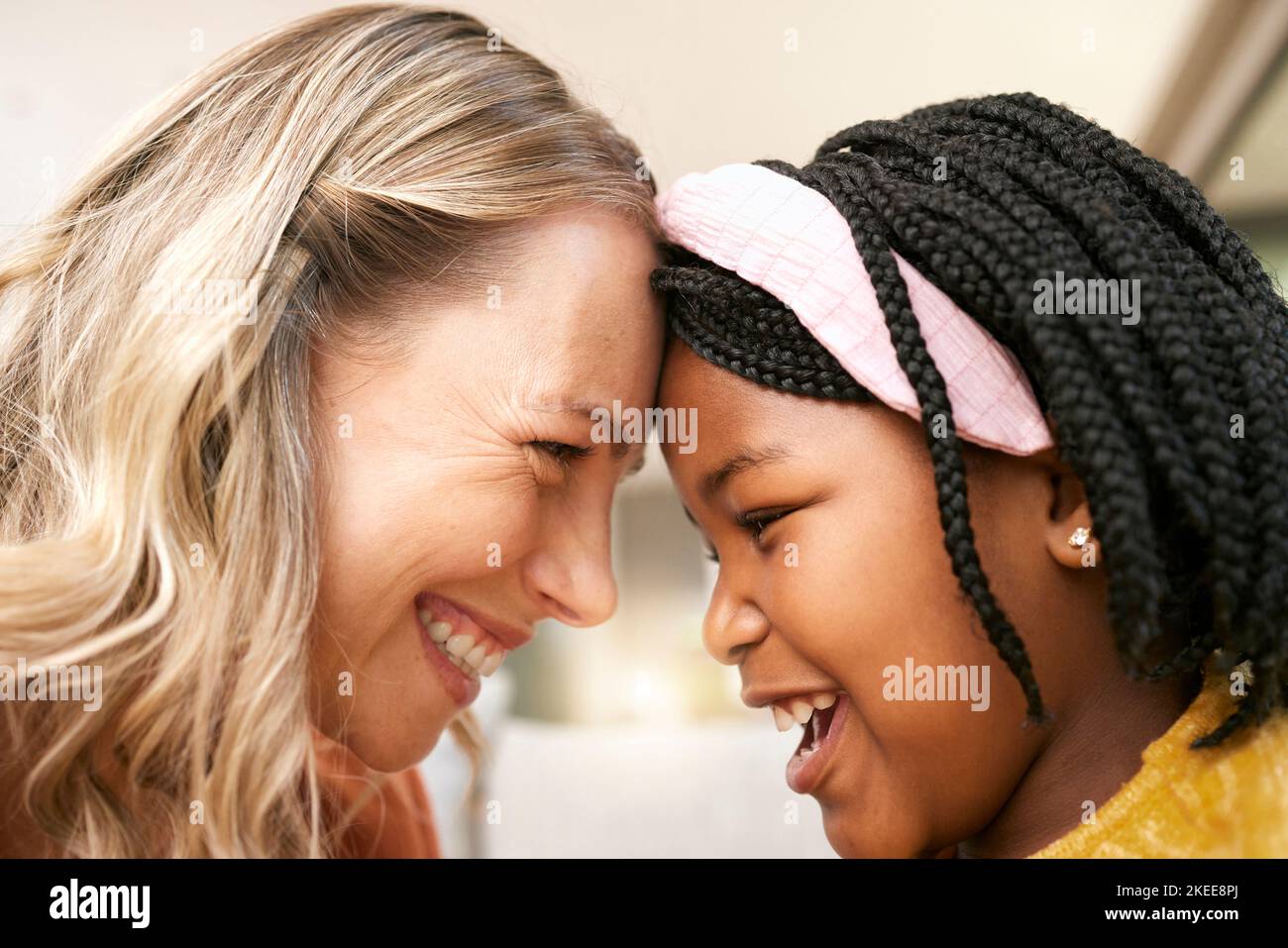 Bonding, love and girl with a foster mother for safety, care and ...