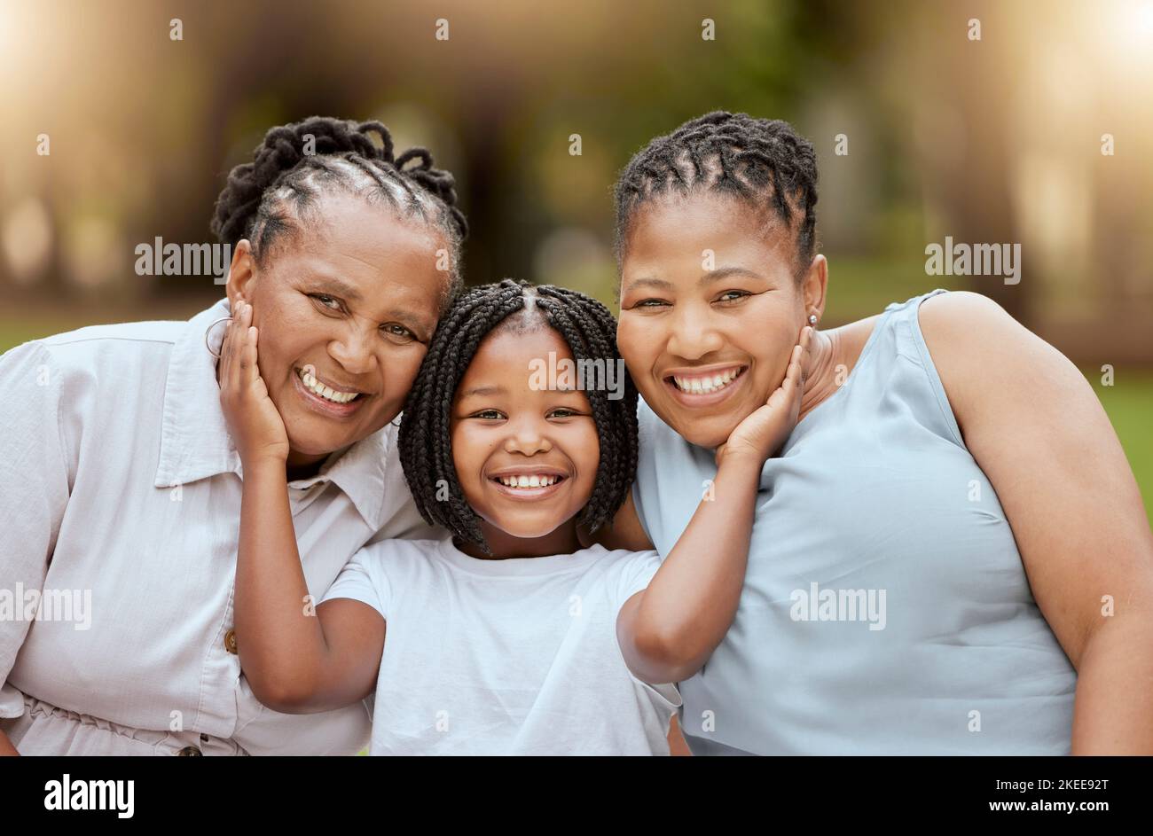 Mother, grandmother and child bonding in nature park, environment ...