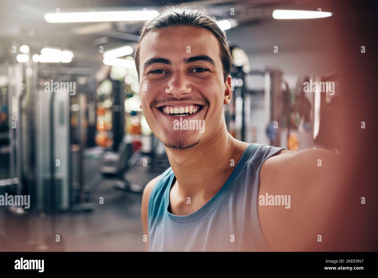 Portrait of man, gym selfie and fitness influencer workout for ...