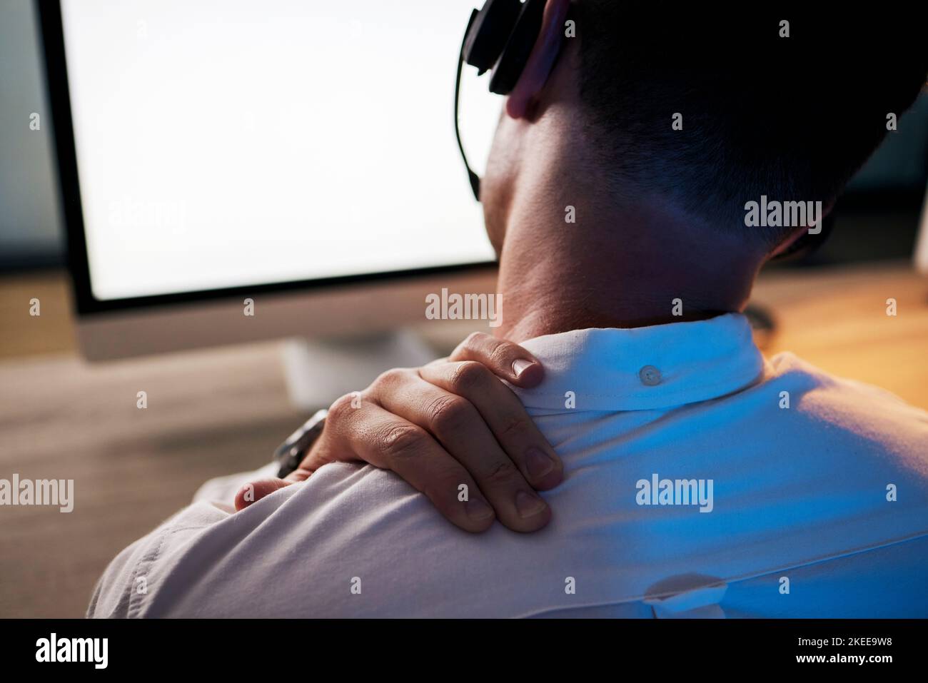 Stress, call center and telemarketing employee with back pain injury ...