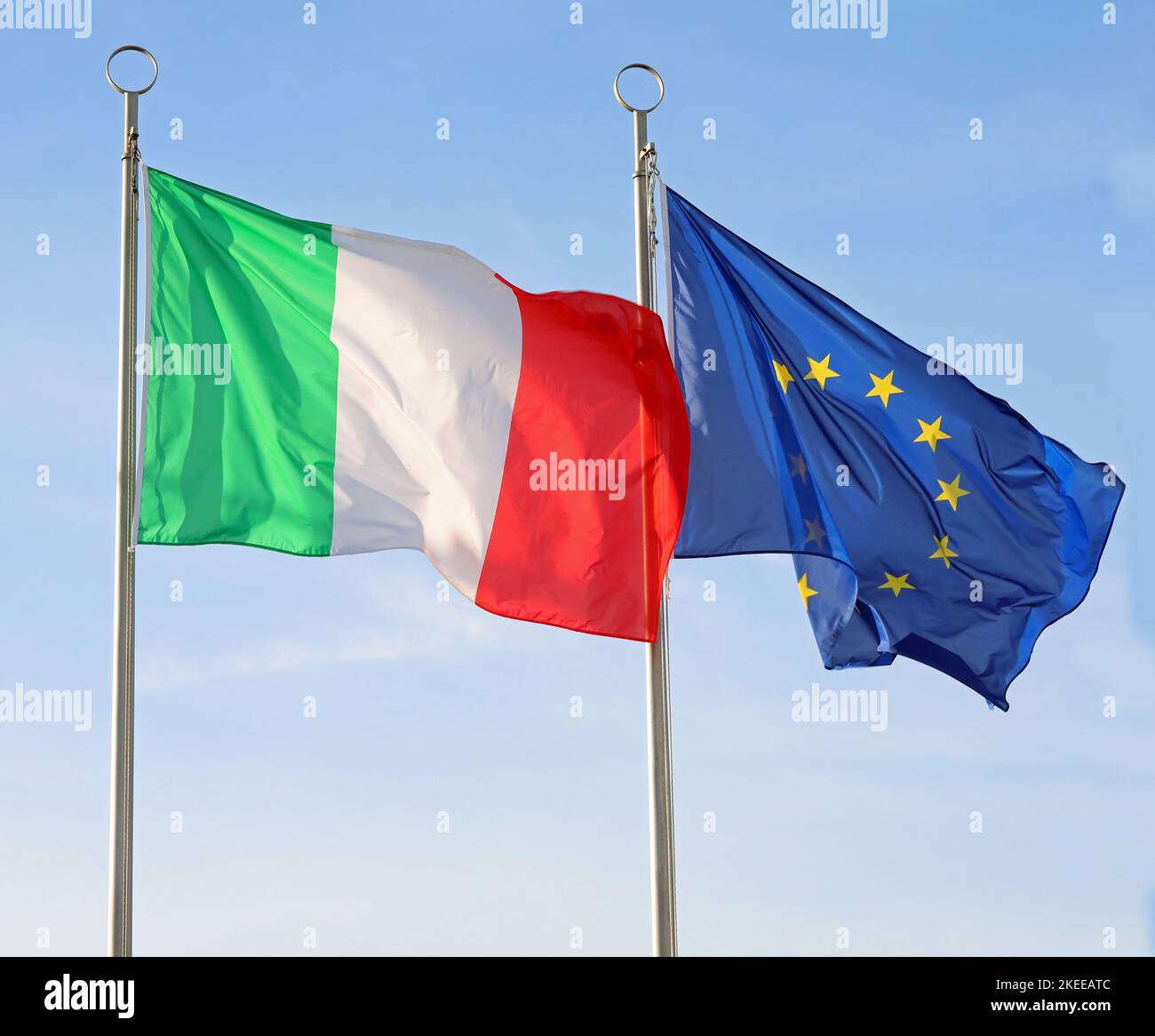 Two large waving flags of ITALY and EUROPEAN UNION Stock Photo - Alamy