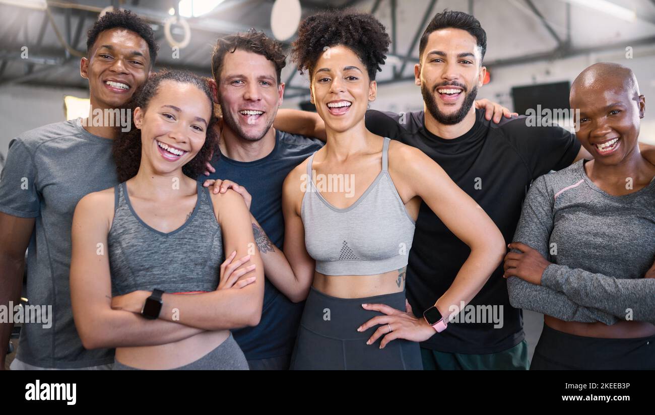 Fitness, health and gym portrait of friends together for wellness ...