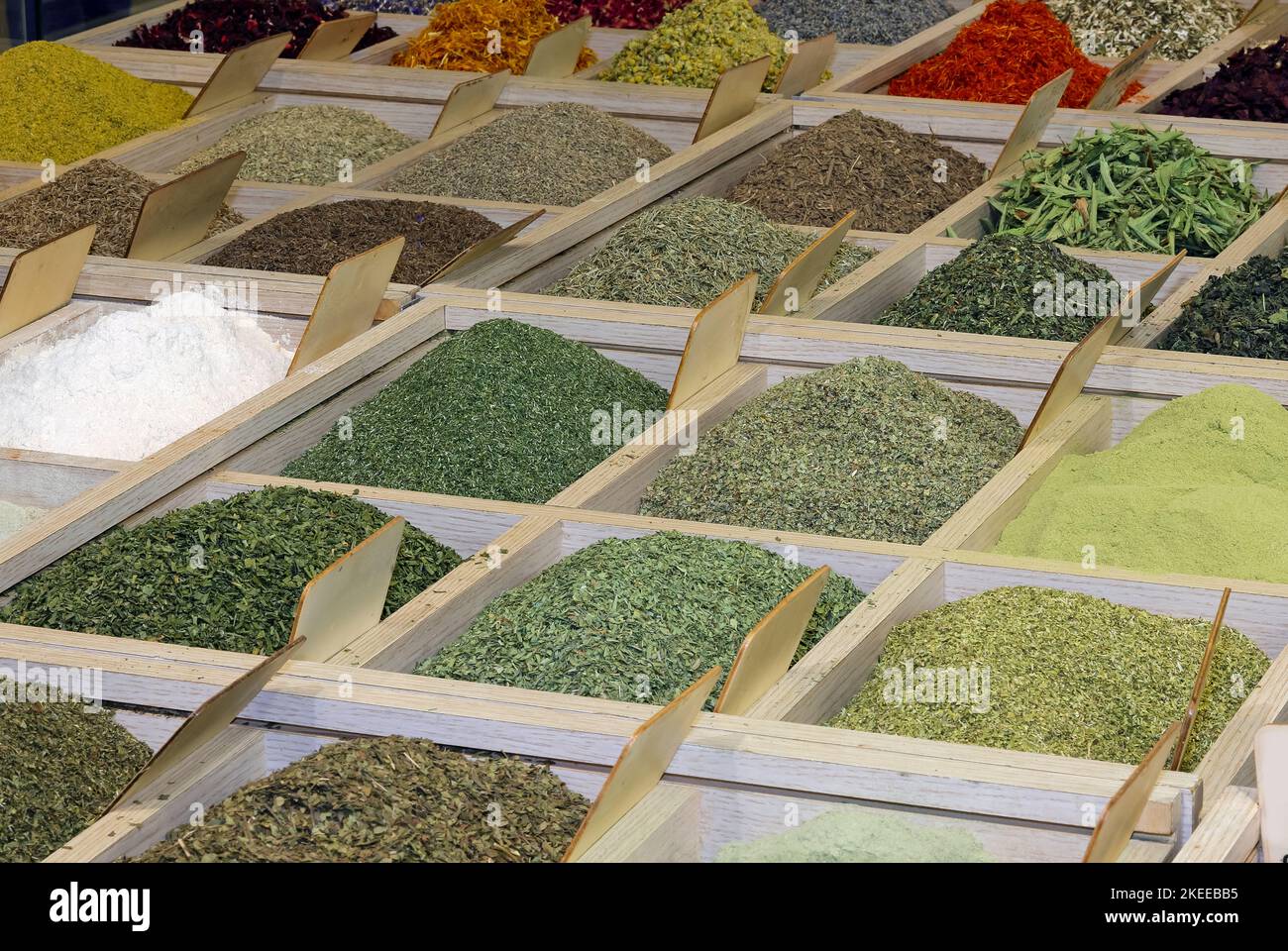 stall with containers with the exotic spicy spices from all the world ...