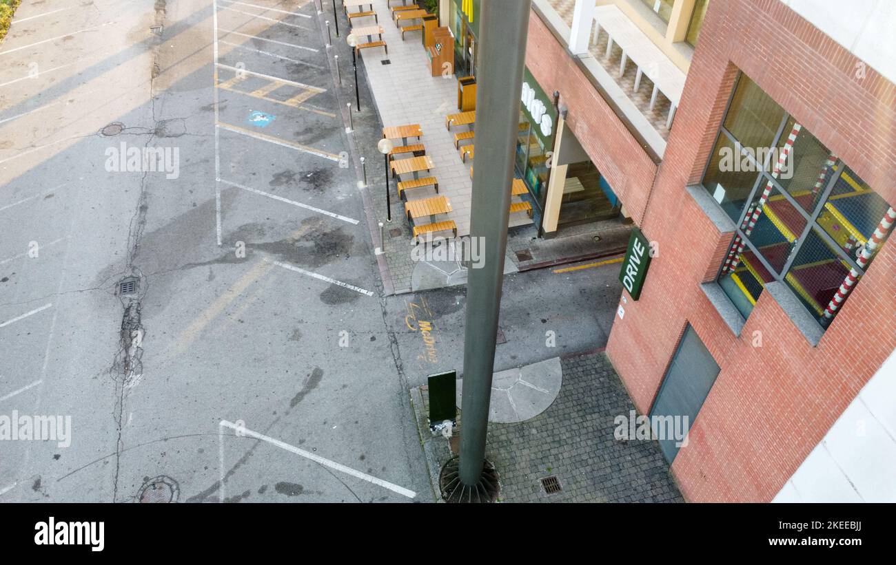 aerial view of a burger king restaurant tall roadside tall signage ...