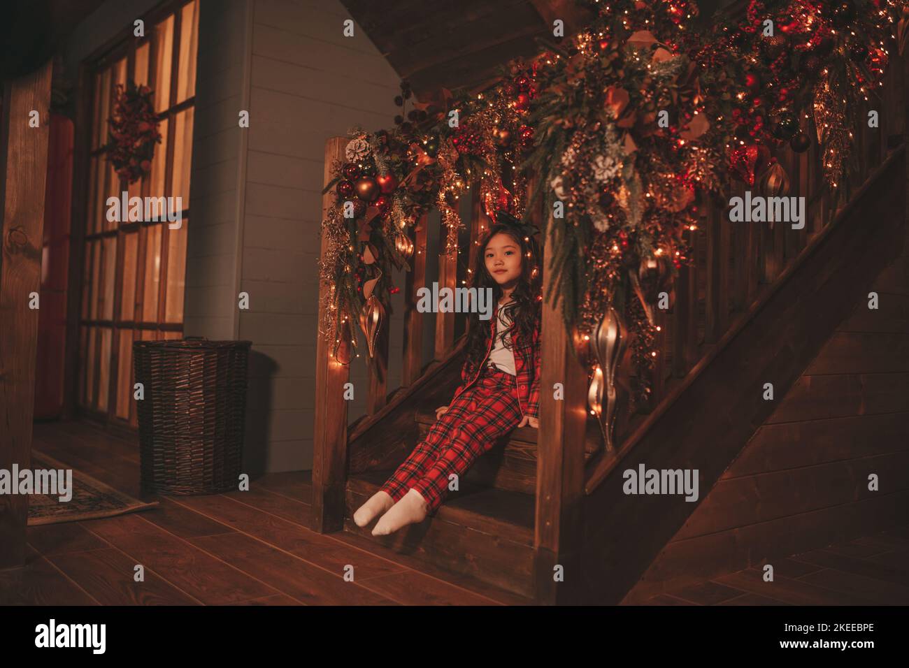 Happy japan little girl dreamer waiting miracle from Santa posing on ...