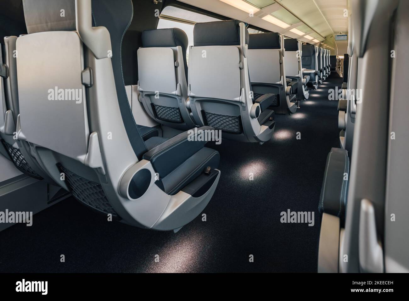 View of row of comfortable empty seats. Interior of modern Intercity ...