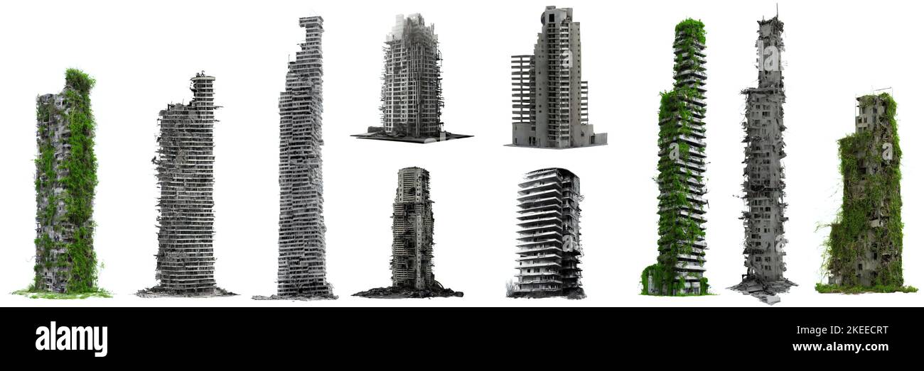 collection of ruined skyscrapers, tall overgrown post-apocalyptic ...