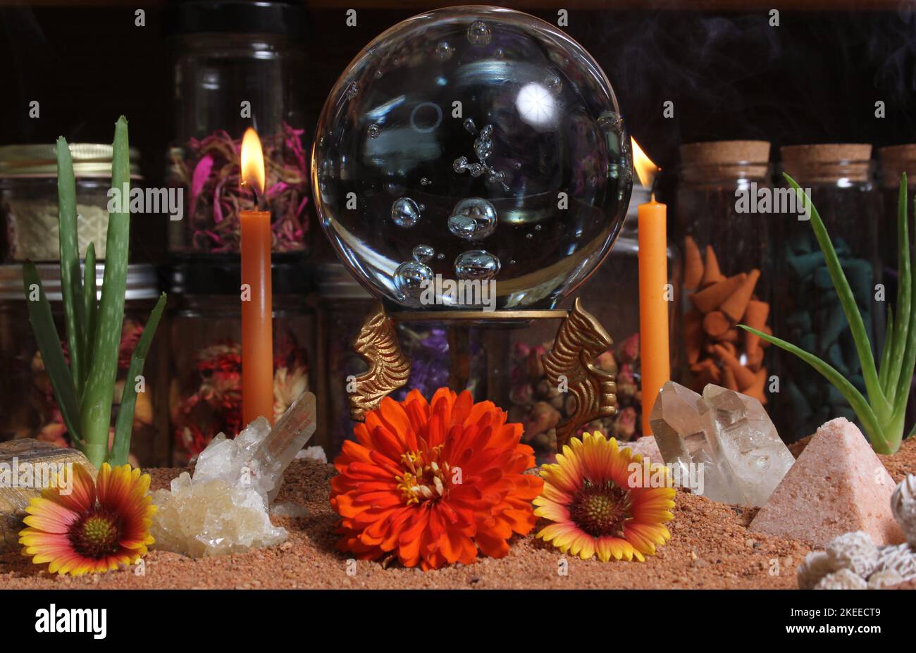 Crystal Ball With Candles and Chakra Stones on Australian Red Sand ...