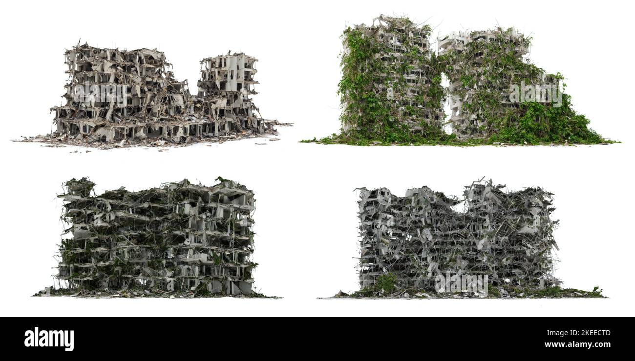 set of ruined buildings, overgrown post-apocalyptic buildings isolated ...