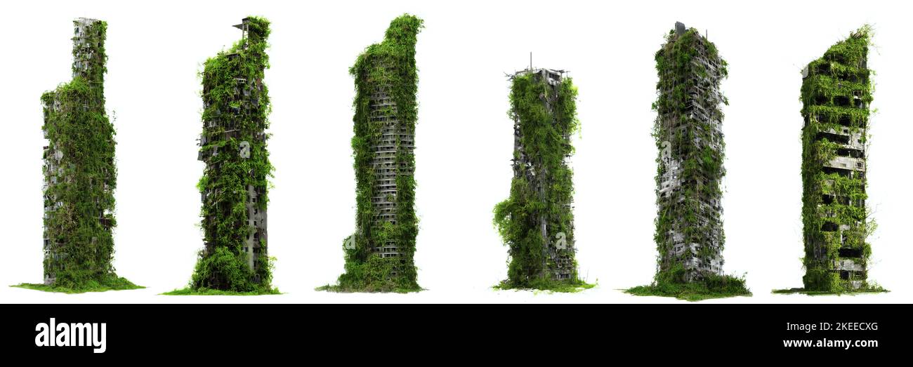 set of ruined overgrown skyscrapers, tall post-apocalyptic buildings ...