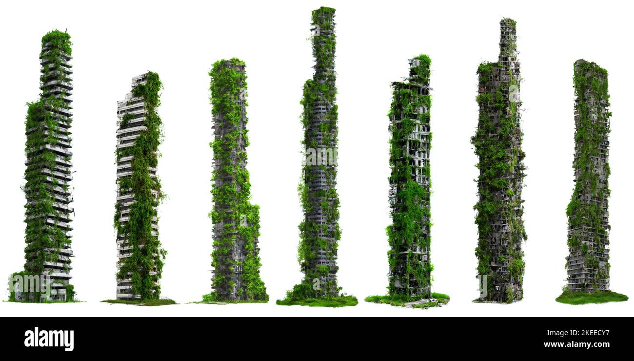 set of ruined overgrown skyscrapers, tall post-apocalyptic buildings ...