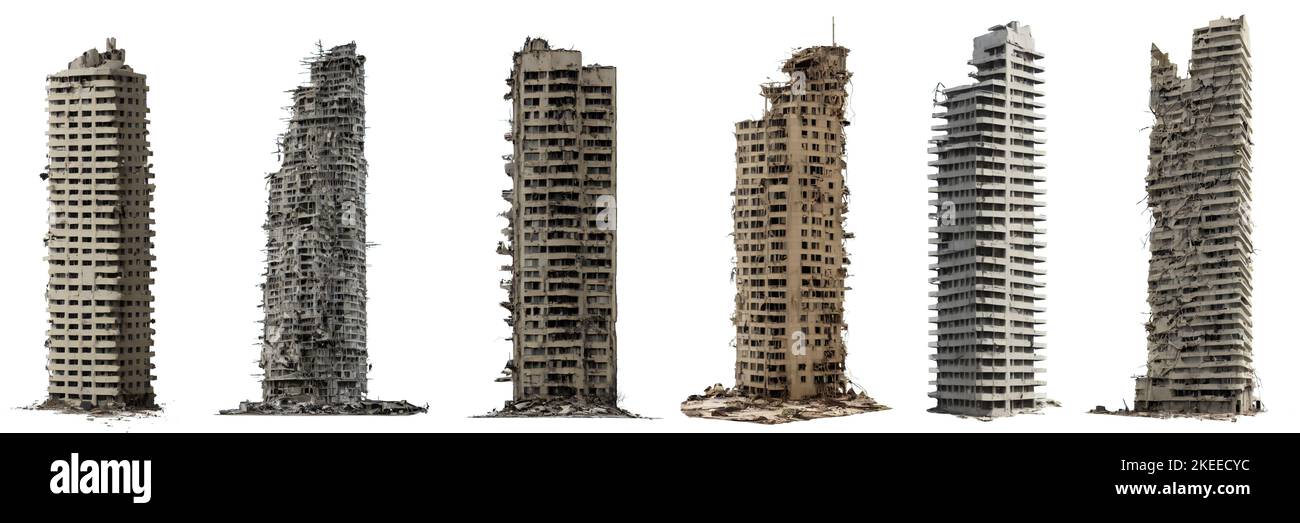 set of ruined skyscrapers, tall post-apocalyptic buildings isolated on ...