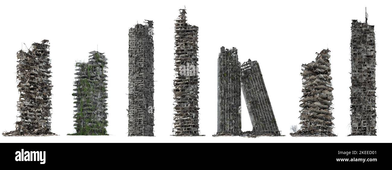 set of ruined skyscrapers, tall post-apocalyptic buildings, isolated on ...