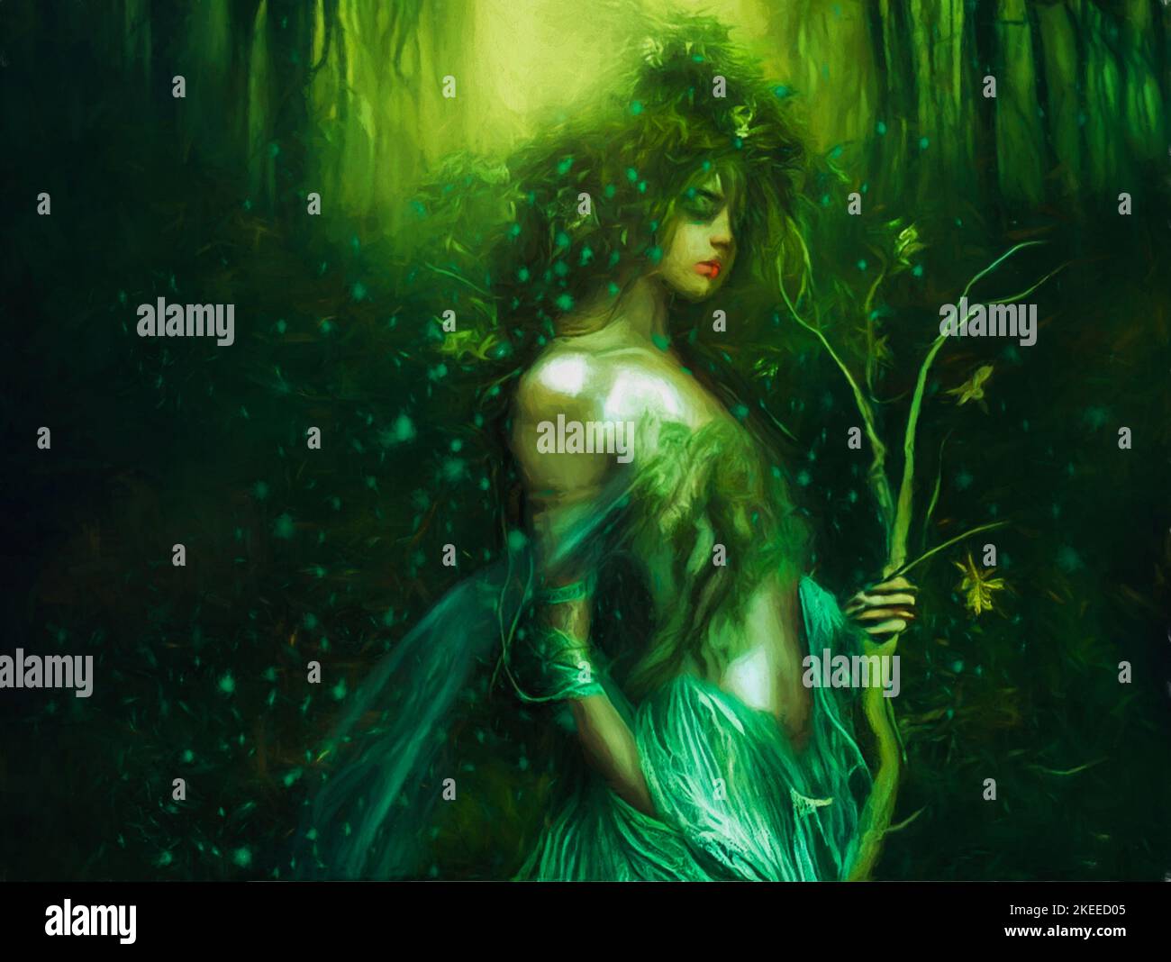 digital painting of a beautiful wood nymph or dryad in a magical green ...