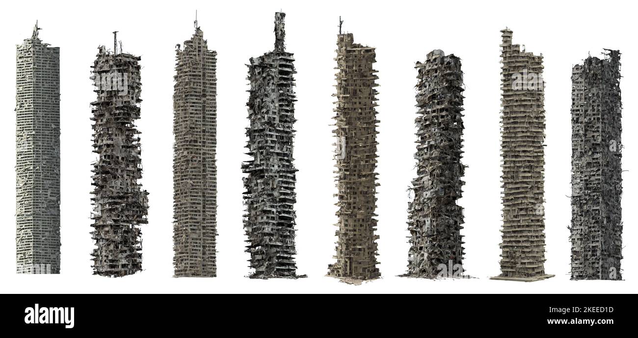 set of ruined skyscrapers, tall post-apocalyptic buildings, isolated on ...