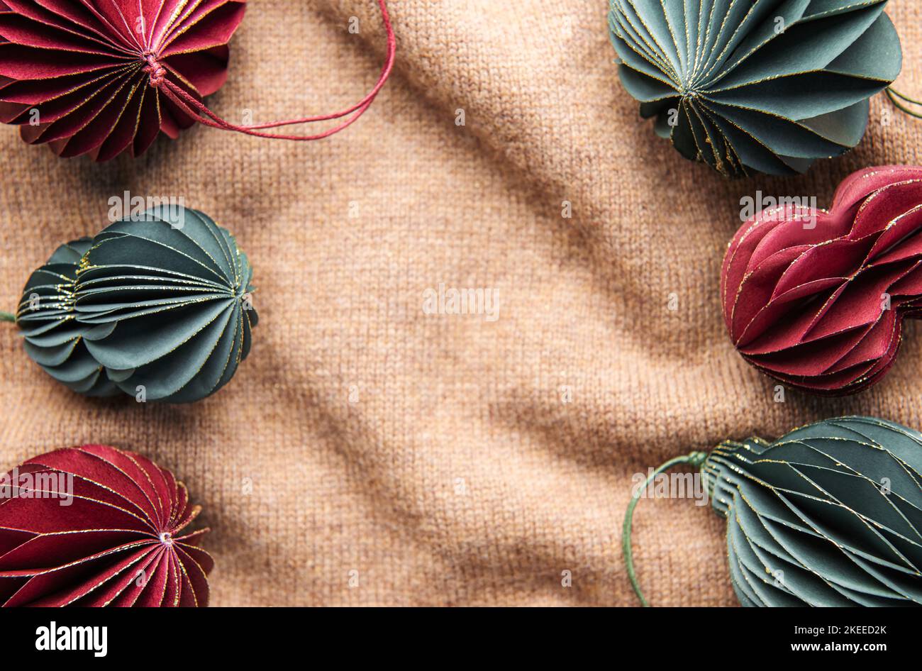 Handmade eco paper ball, closeup view. Christmas holiday decorations on ...