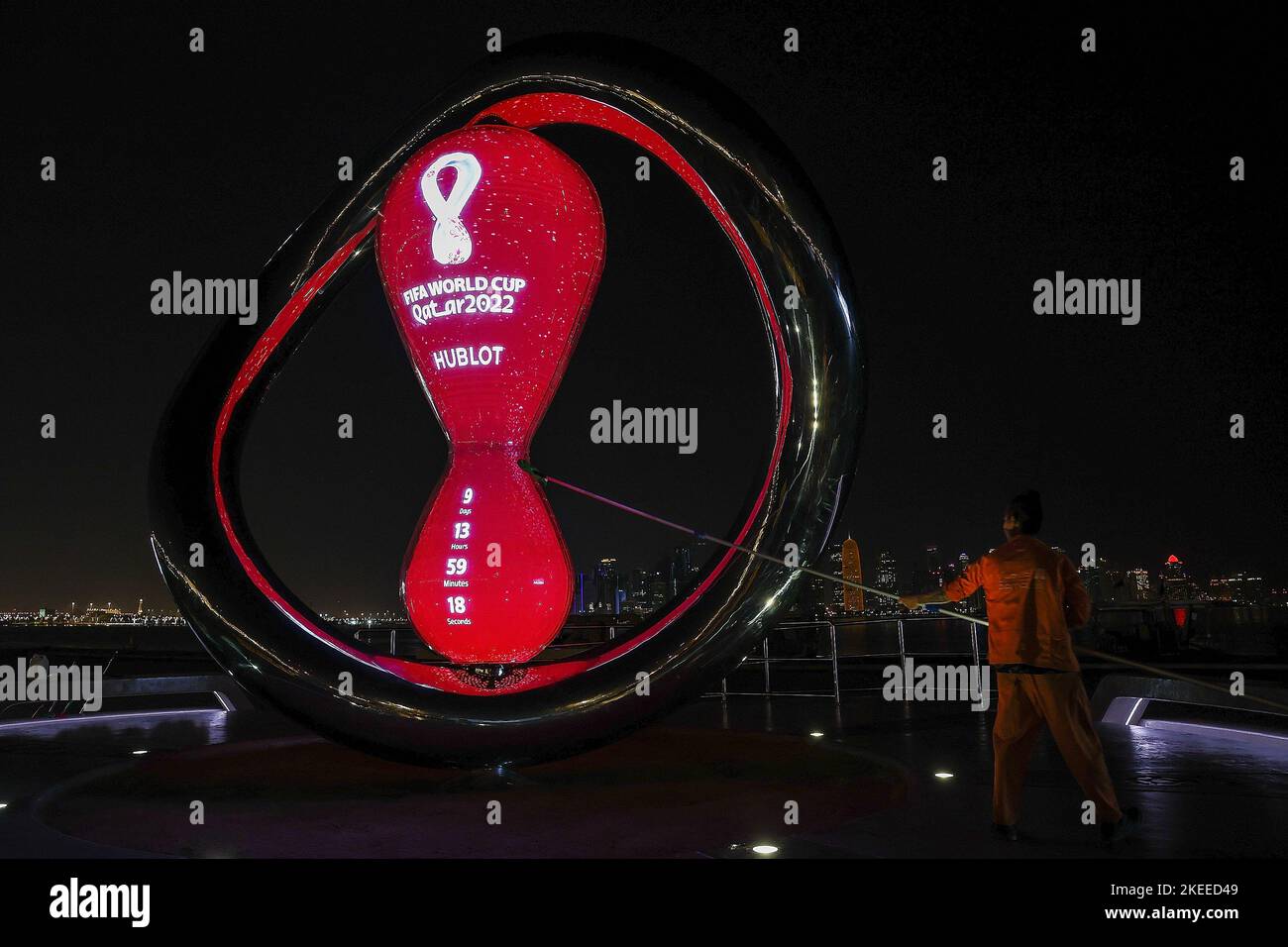 Doha, Qatar. 11th Nov, 2022. A staff member cleans the FIFA World Cup ...