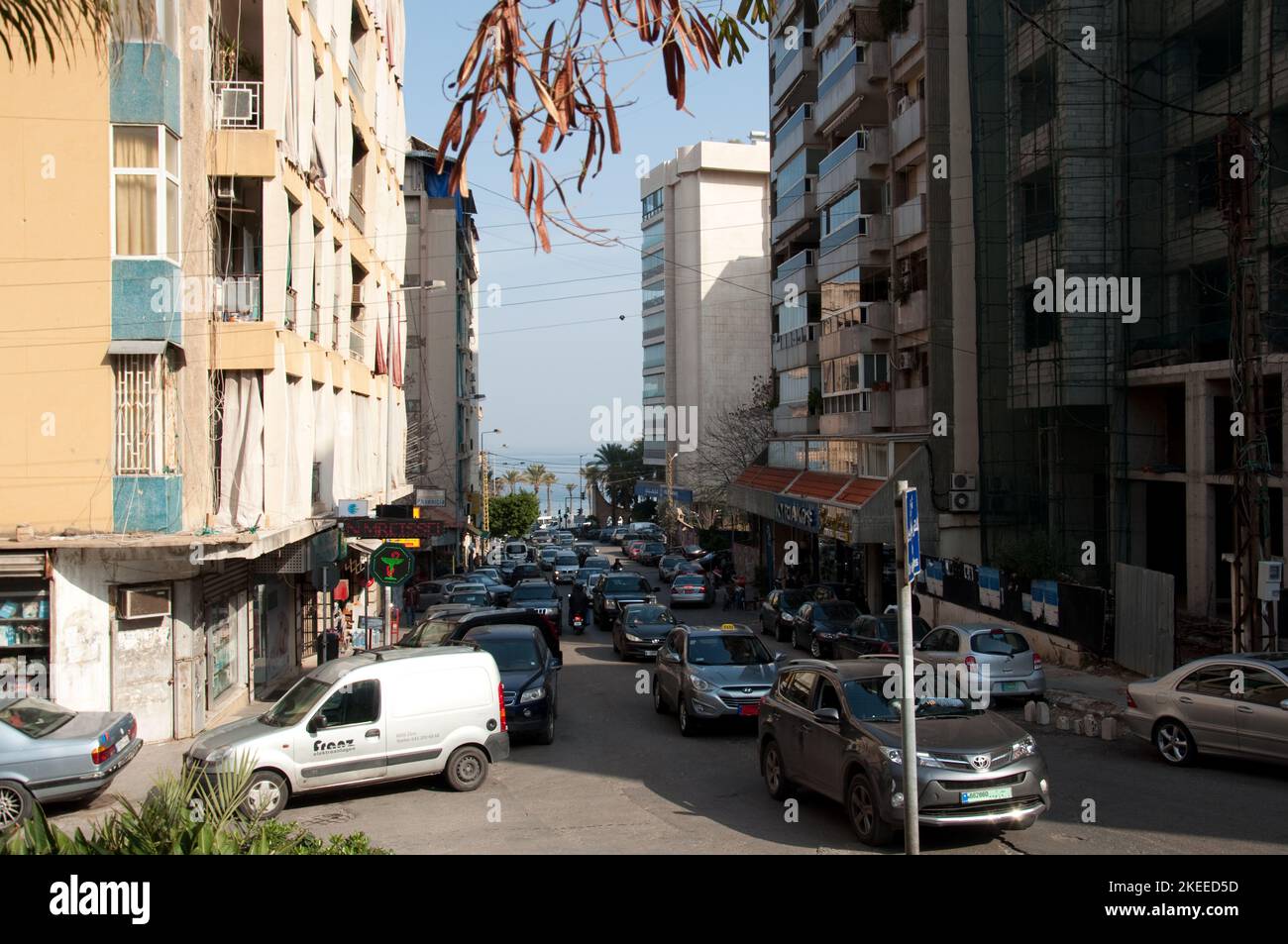 Street view with Mediterranean at the end of the street, Beirut ...