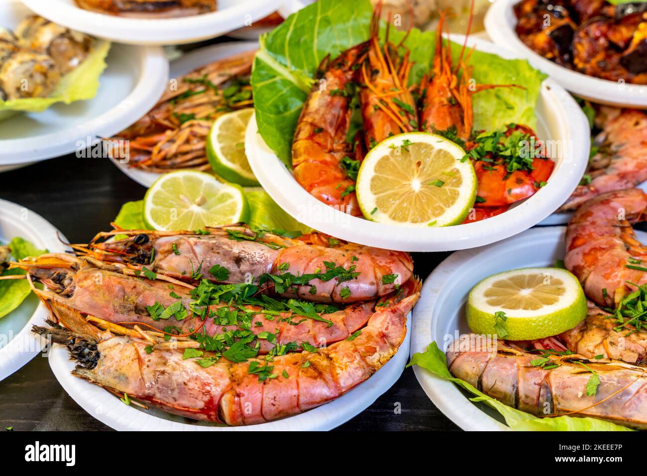 Plates Of Large Cooked Prawns For Sale At The Capo Market (Mercado del ...