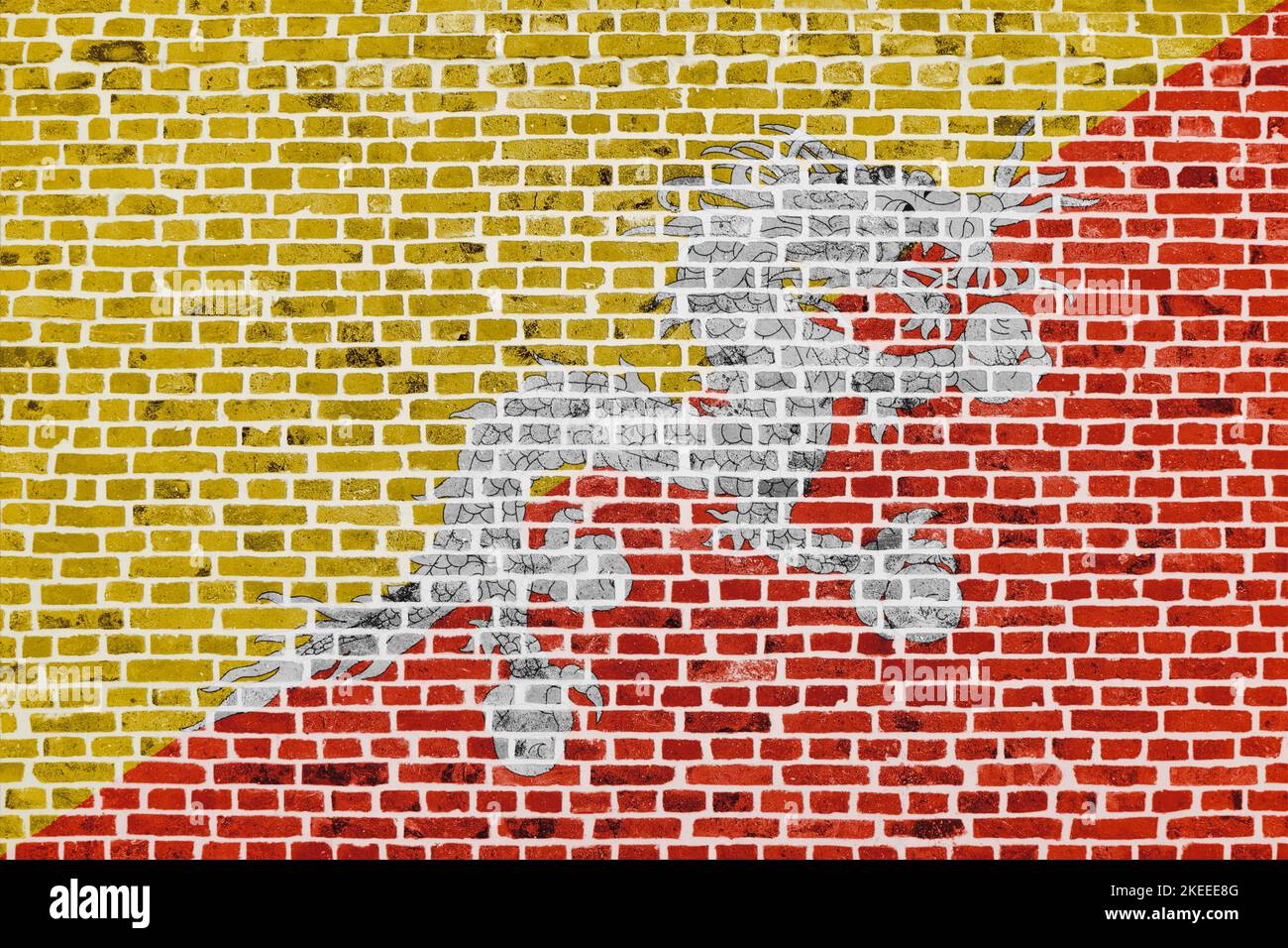 Close-up on a brick wall with the flag of Bhutan painted on it Stock ...