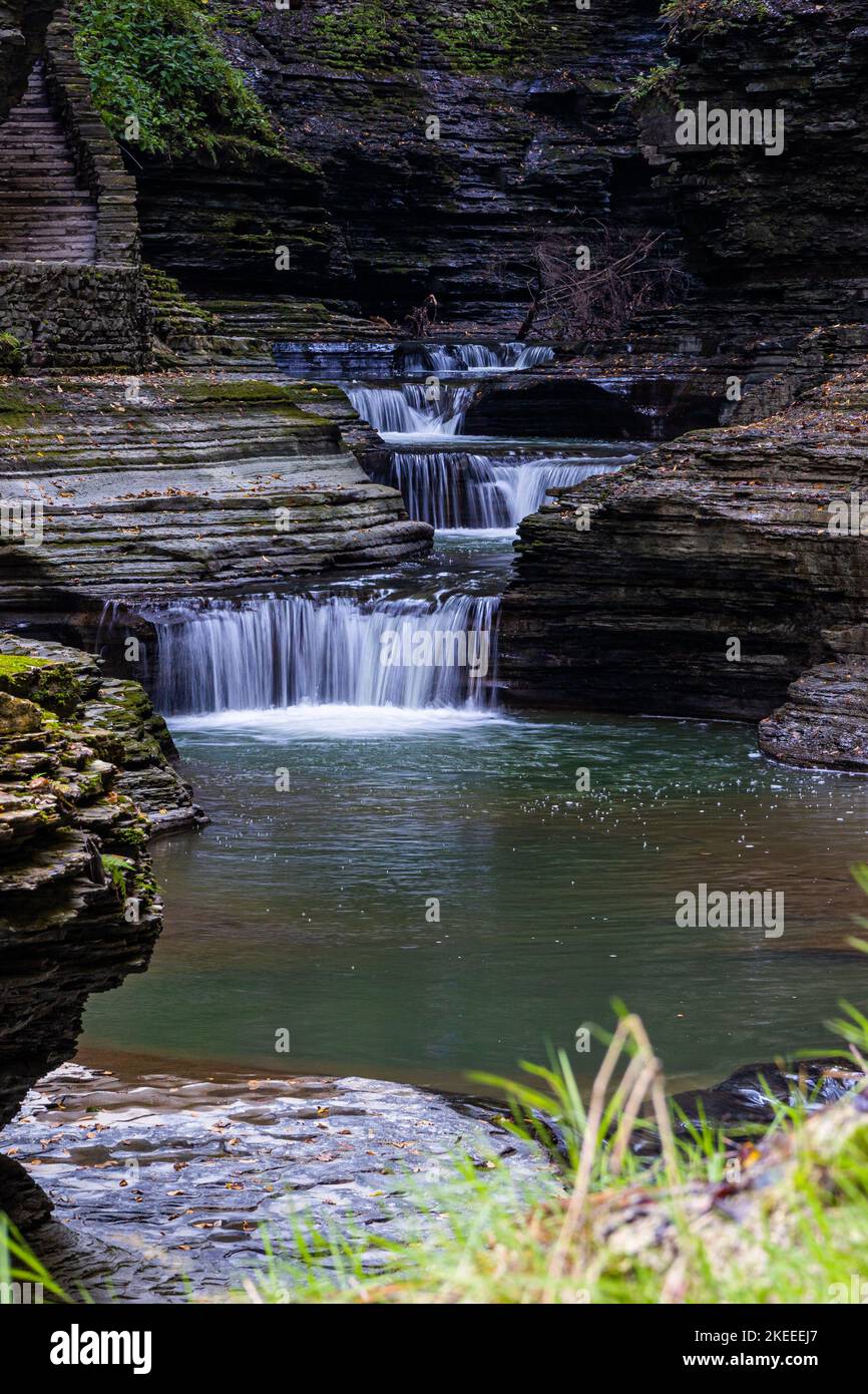 A vertical shot of the waterfall cascading over the gorge in Watkins ...