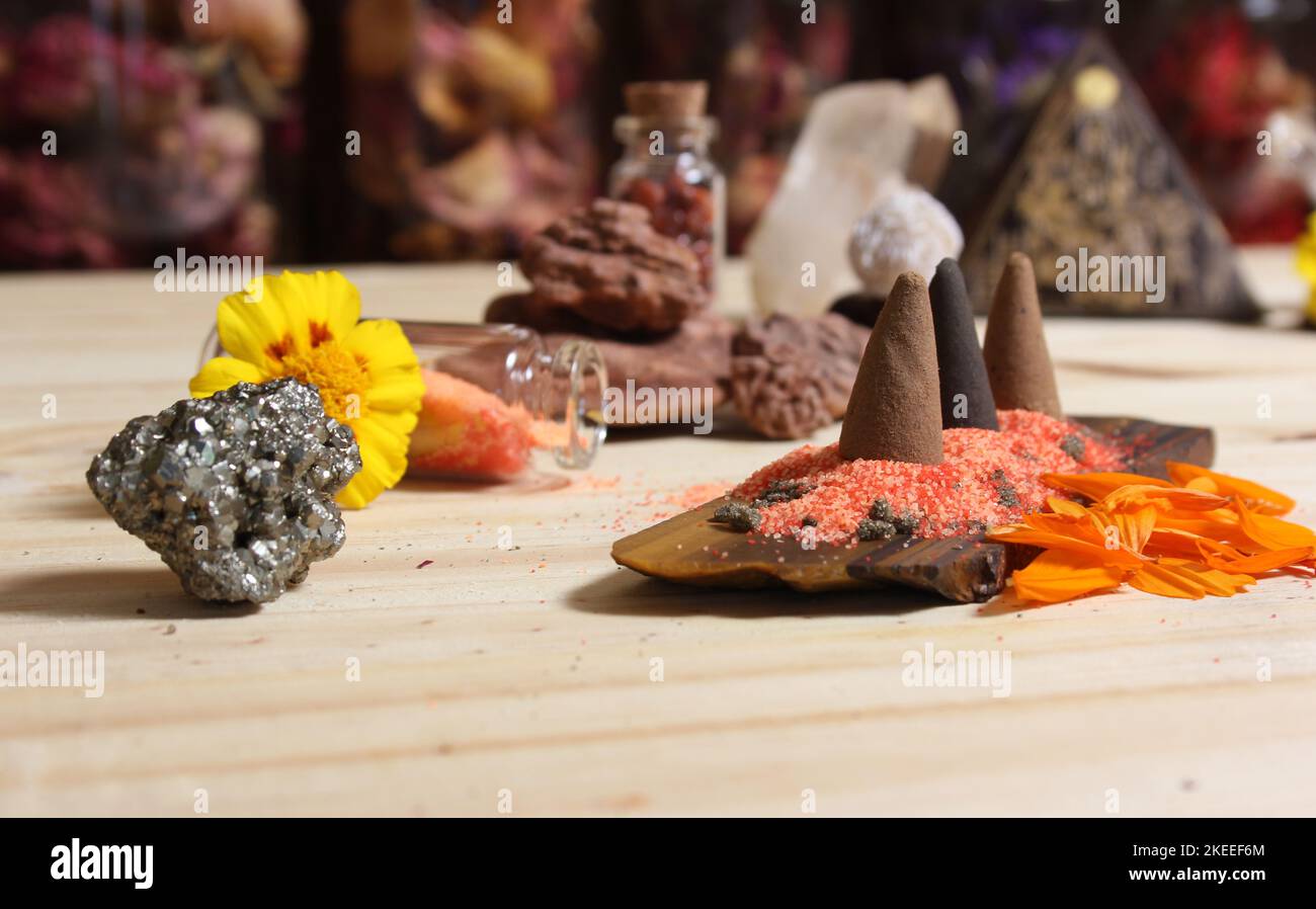Incense Cones on Stone Slab With Chakra Crystals and Flowers Stock ...