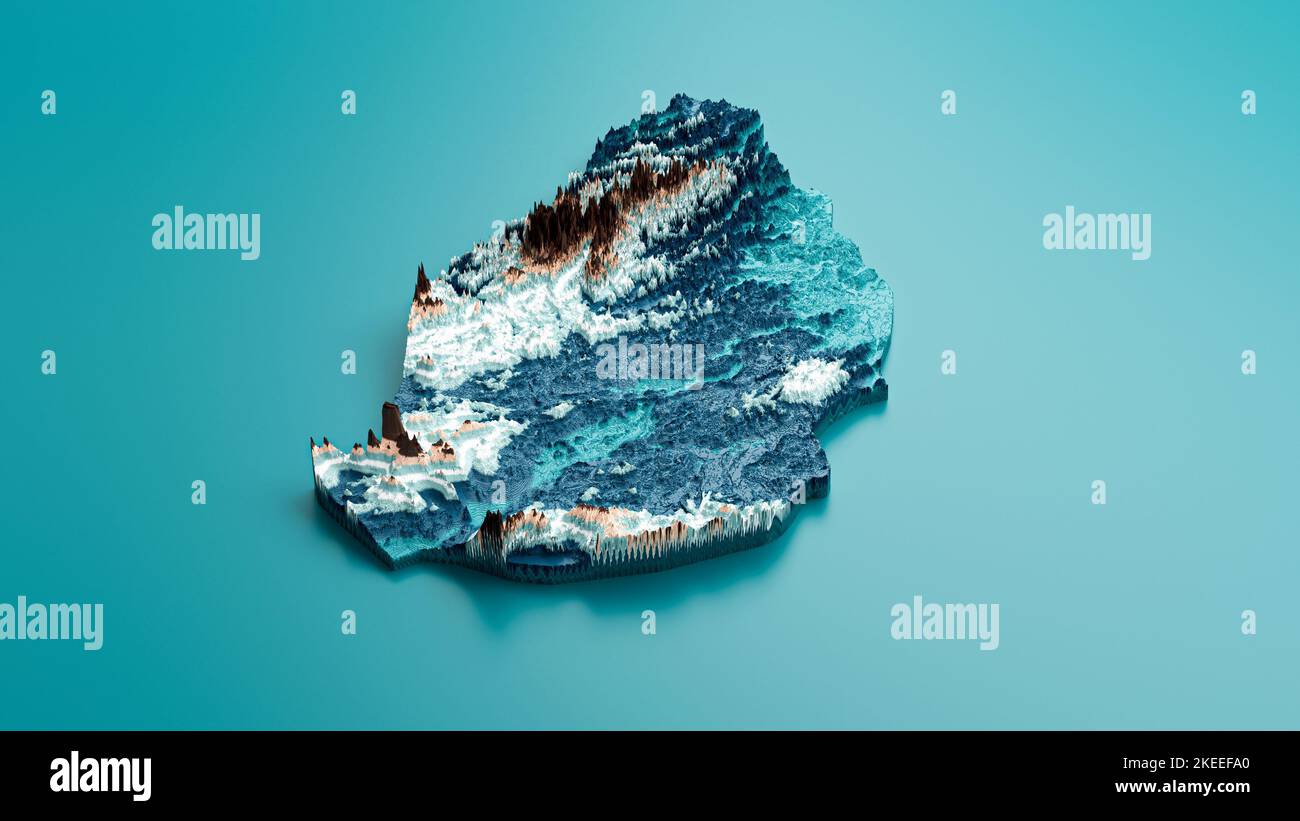 A 3D render of a topographic Mauritius map with hypsometric elevation ...