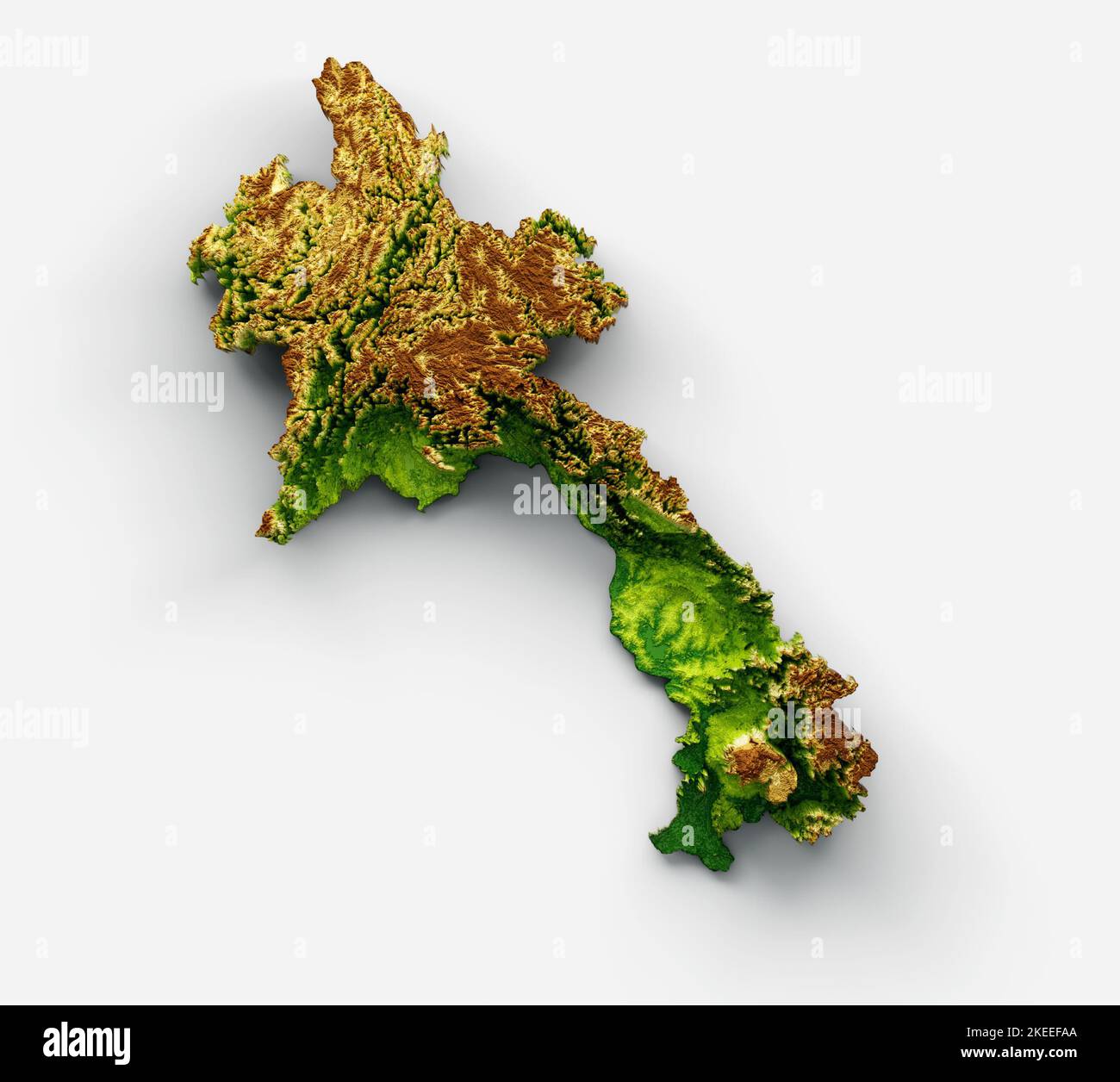 A 3D render of a topographic Laos map with hypsometric elevation on a ...