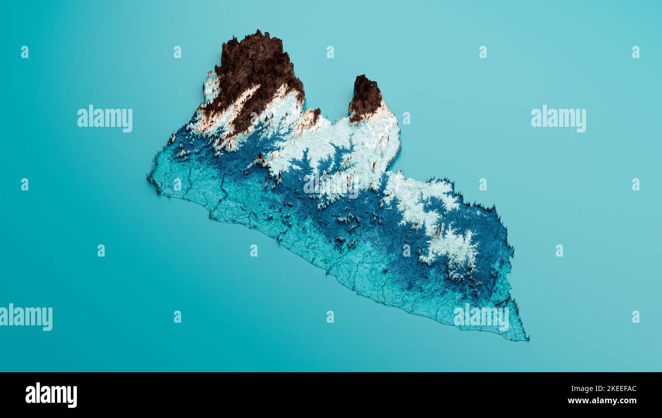 A 3D render of a topographic Liberia map with hypsometric elevation on ...