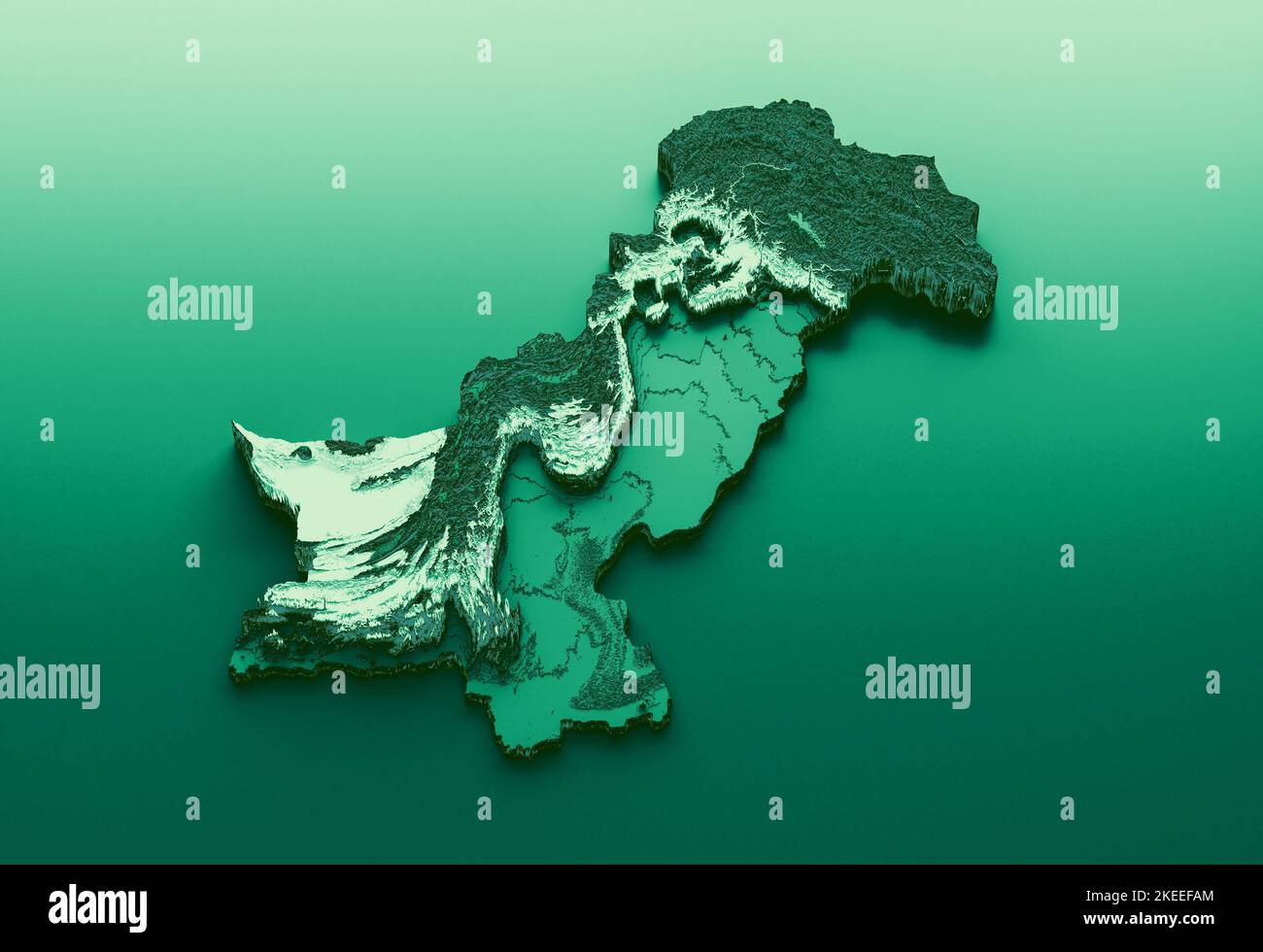 A 3D render of a topographic Pakistan map with hypsometric elevation on ...