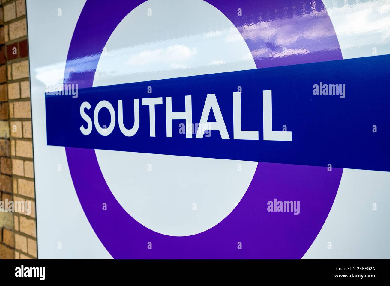 London- November 2022: Elizabeth Line Southall station sign on platform ...