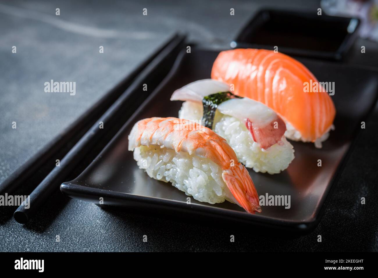 Fresh and colorful Nigiri sushi made of rice and salmon. As a classic ...