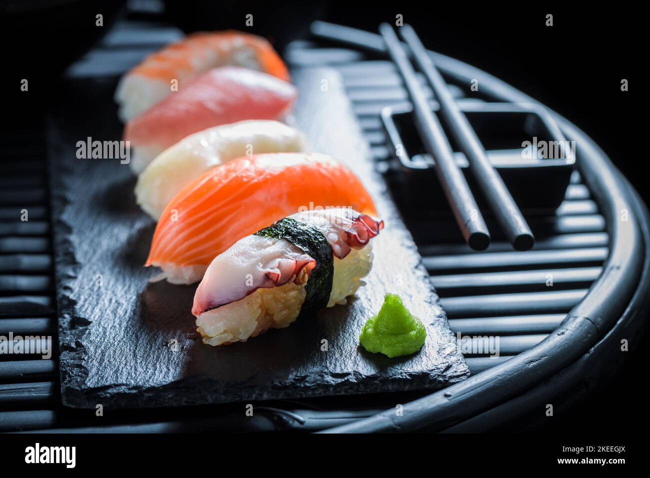 Tasty and fresh Nigiri sushi with shrimp and rice. As a classic ...