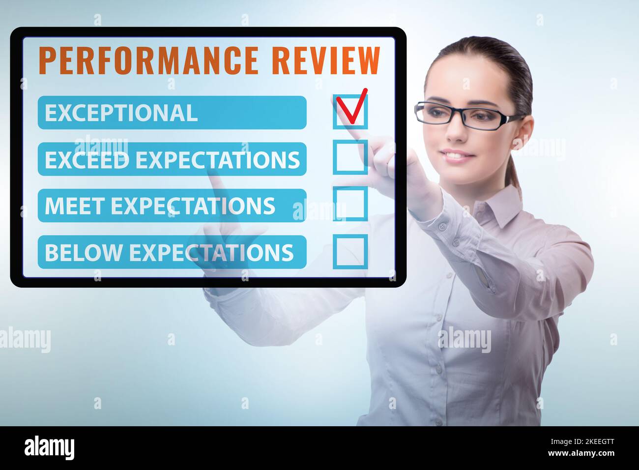 Annual performance review concept with the businesswoman Stock Photo ...
