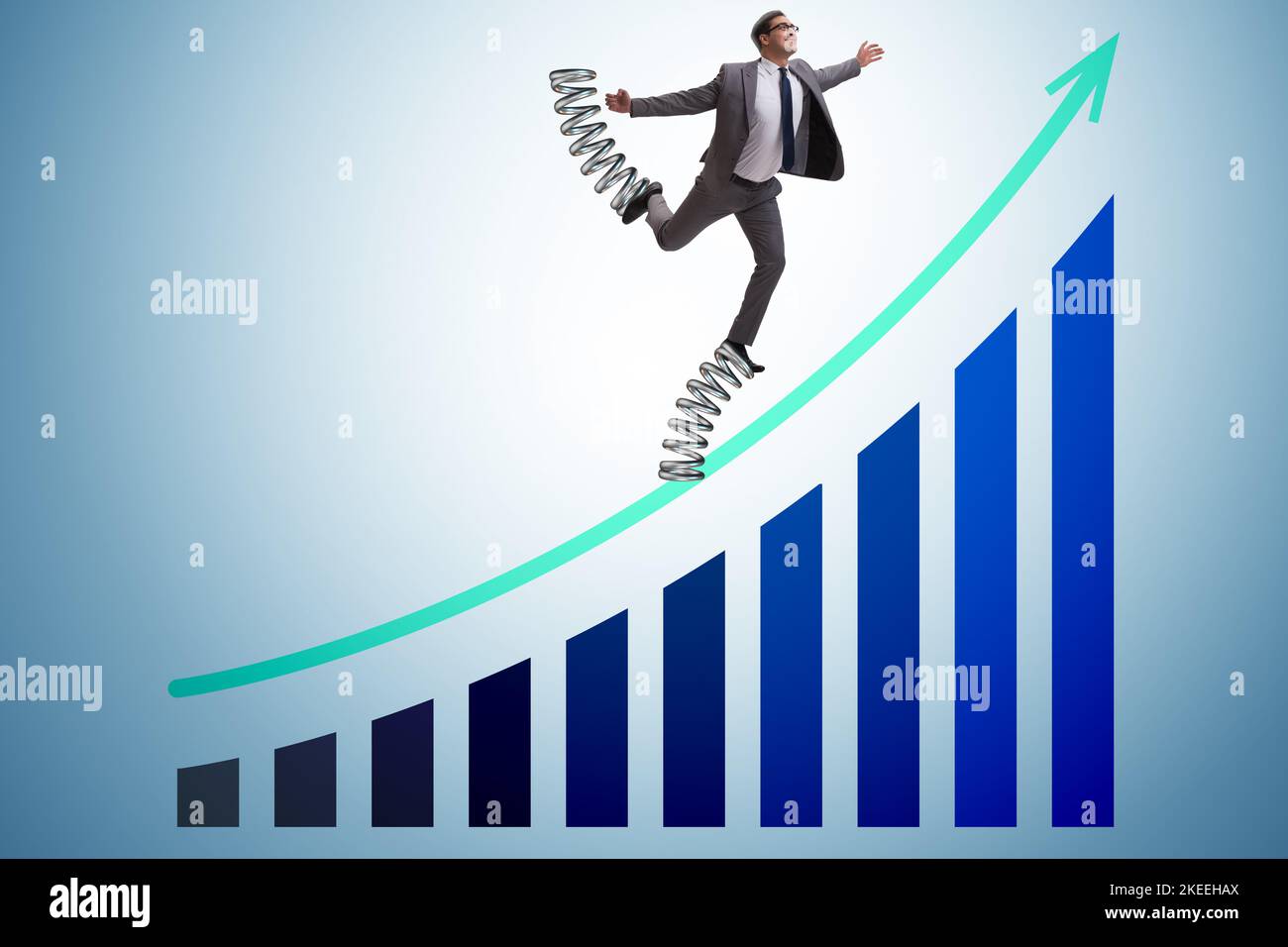 Businessman jumping high on the springs Stock Photo - Alamy