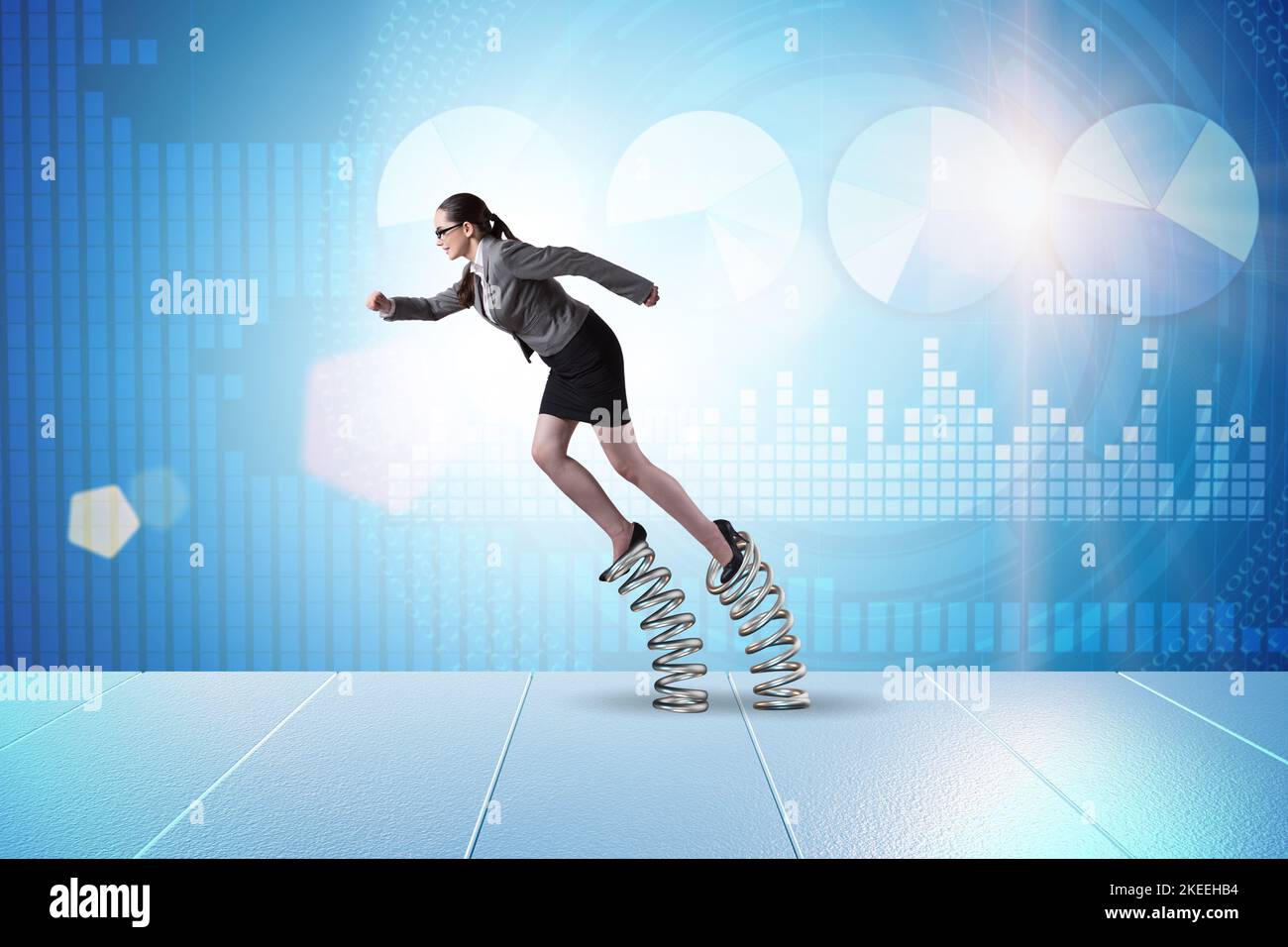 Businessman jumping high on the springs Stock Photo - Alamy