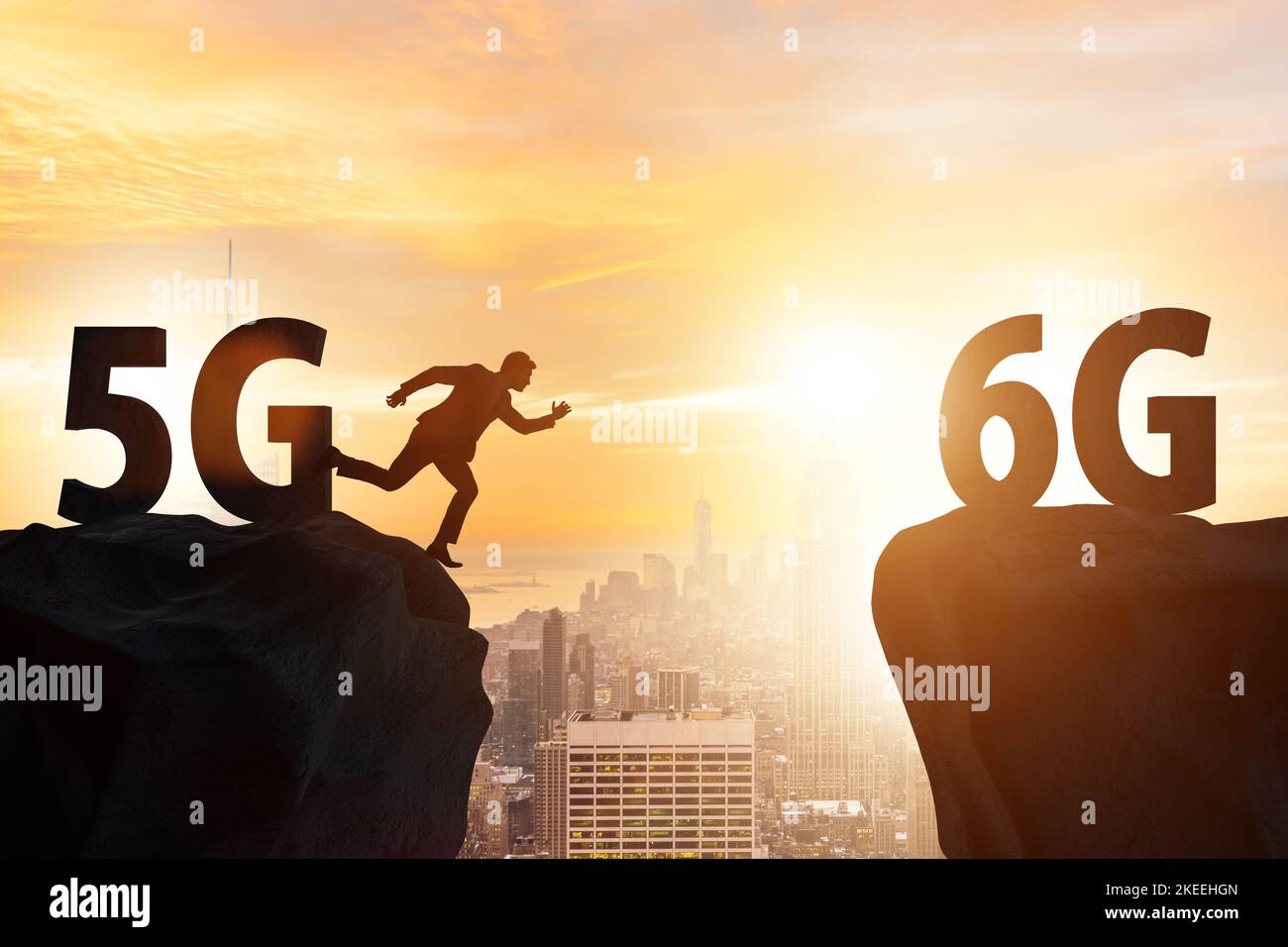 Concept of moving from 5g technology to 6g with jumping people Stock ...