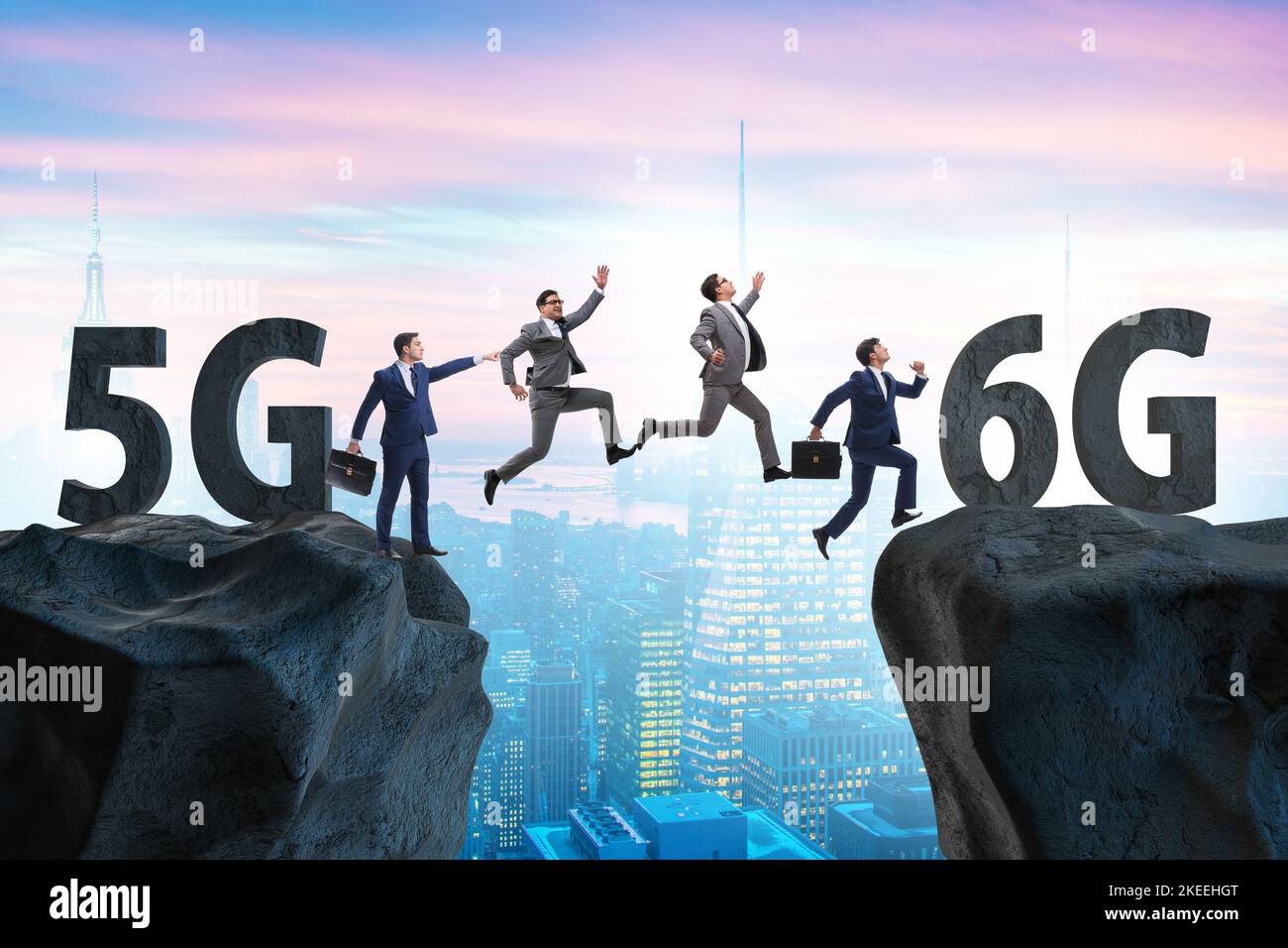 Concept of moving from 5g technology to 6g with jumping people Stock ...